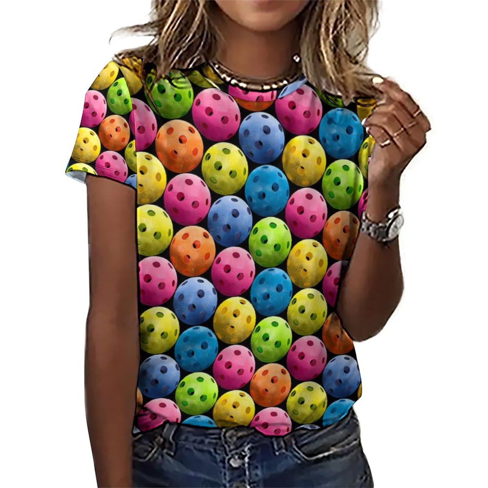 Ball Print T-Shirts Colorful Pickleball Casual Oversized T-Shirt Short ...