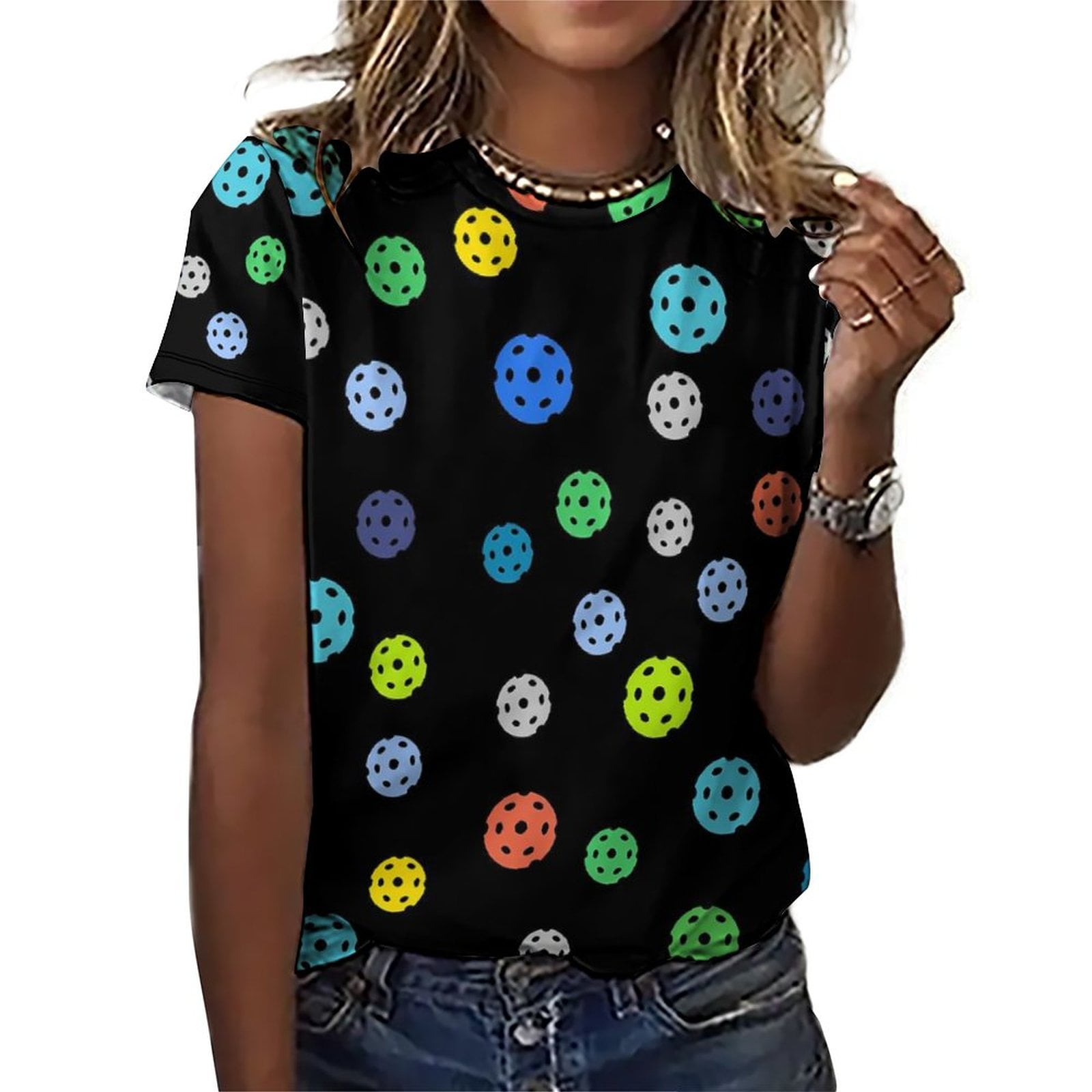 Ball Print T-Shirts Colorful Pickleball Casual Oversized T-Shirt Short ...