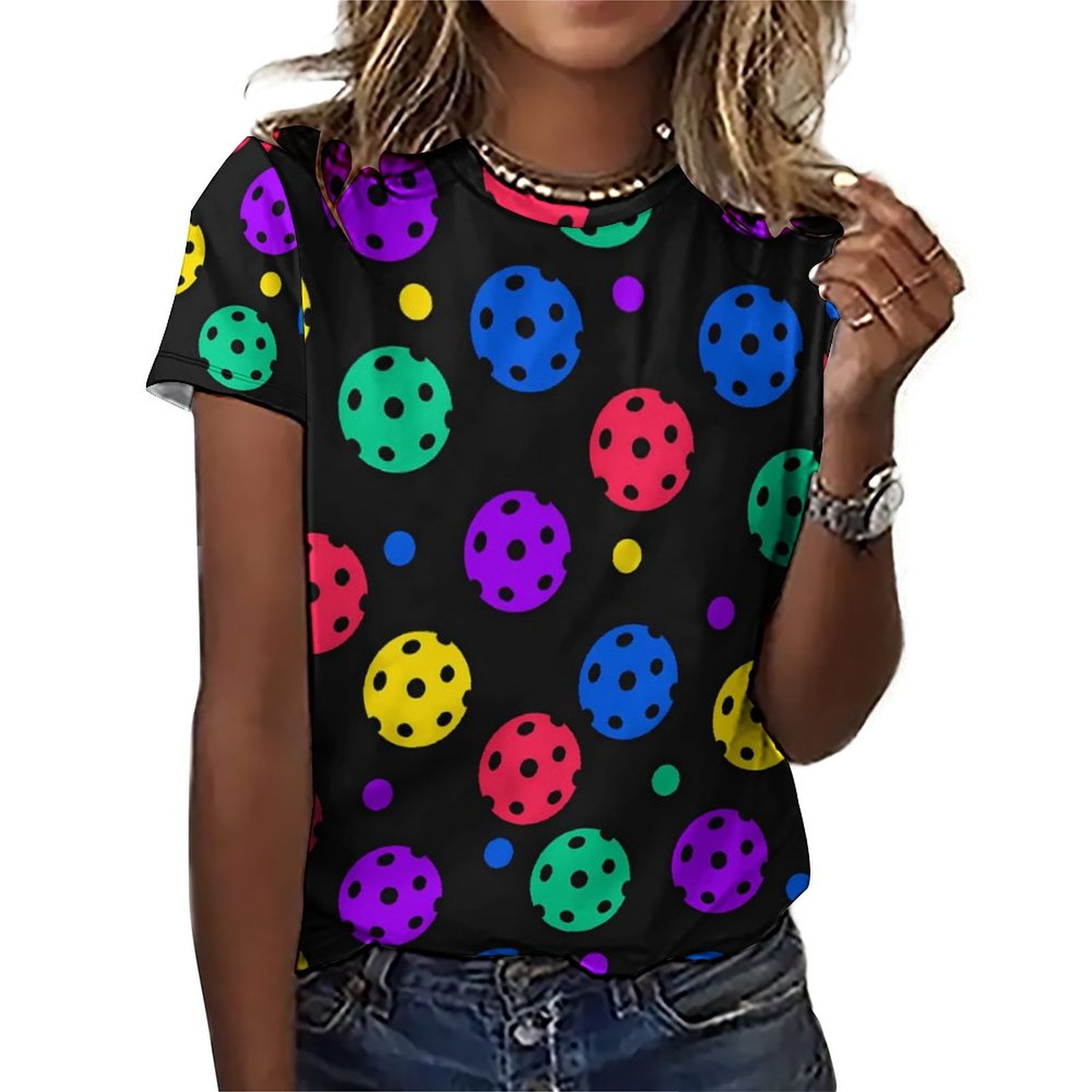 Ball Print T-Shirts Colorful Pickleball Casual Oversized T-Shirt Short ...