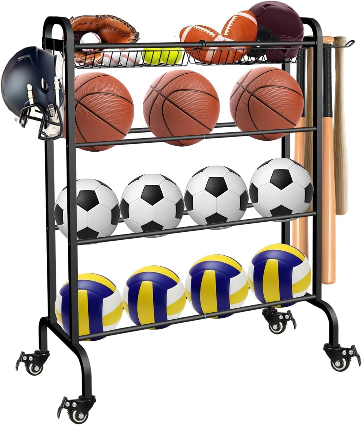 Ball Rack Organizer with Wheels, 4Tier-Rolling Basketball Racks Holder ...