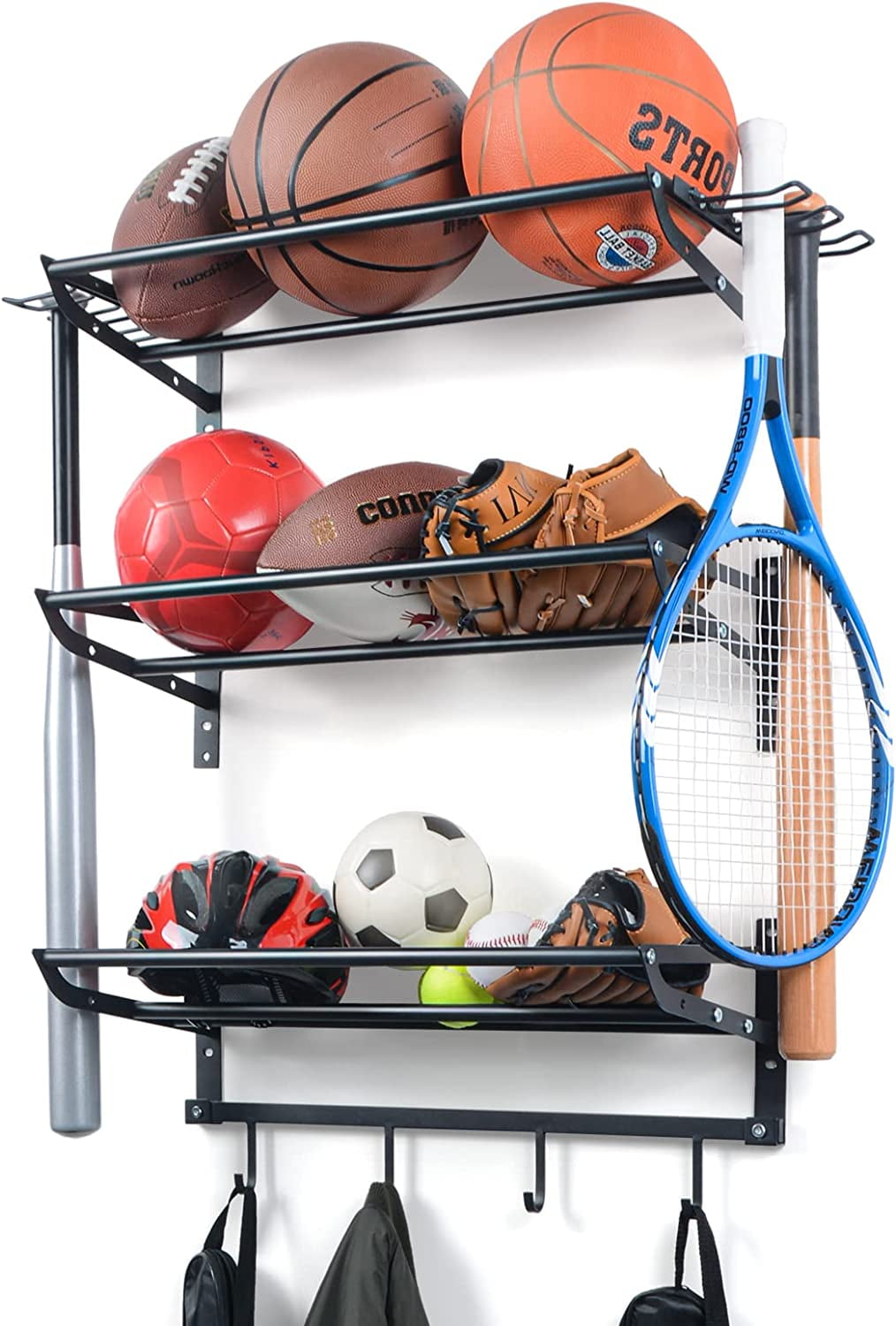 Ball Rack, Sport Equipment Organizer with 4 Hooks for Badminton Racket ...