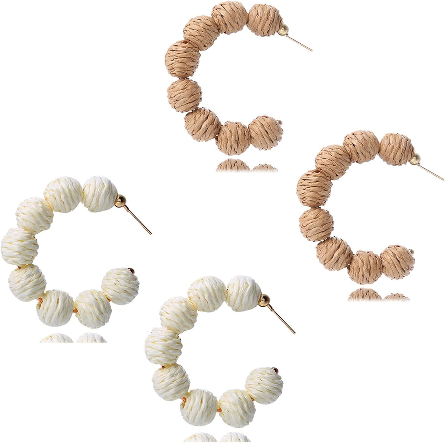 Ball Round C Shaped Rattan Raffia Straw Wrapped Hoop Drop Dangle Earrings Hand Woven Geometric ...