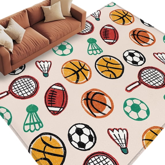Ball Sport Area Rug 5x7 Washable Rug Non Slip Funny Soccer Basketball ...
