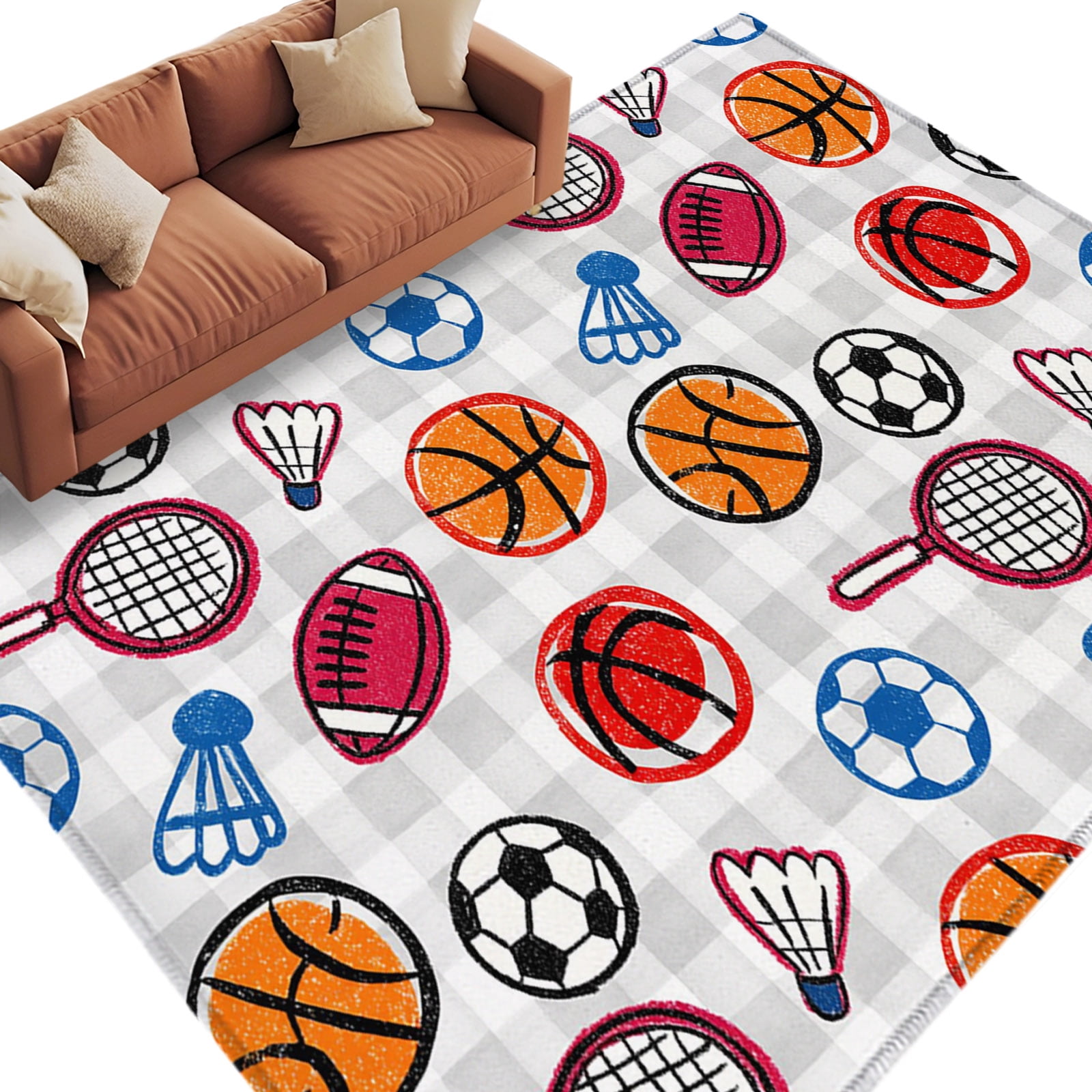Ball Sport Area Rug 5x8 Washable Rug Non Slip Soccer Basketball Tennis ...