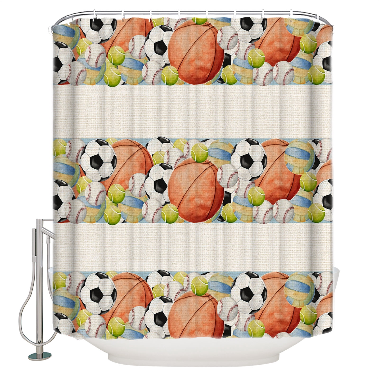 Ball Sports Bathroom Shower Curtains with 12 Hooks Polyester Waterproof ...