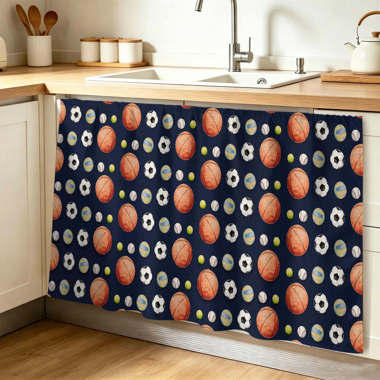 Ball Sports Cabinet Curtain 28"W x 51"L, Cartoon Tennis Basketball ...