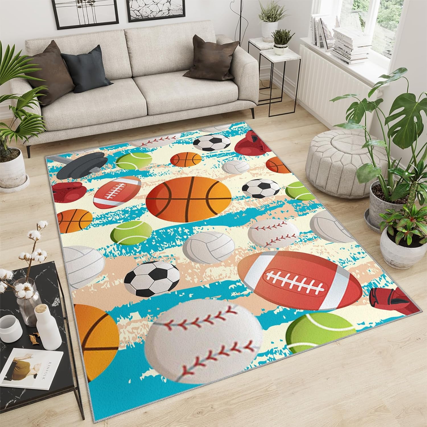 Ball Sports Lover Kids Rugs 2'x3', Fun Sport Soccer Ball Basketball ...