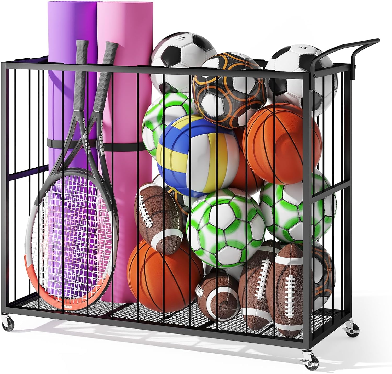 Ball Storage Bin Rolling Sports Ball Cart, Metal Garage Organizer Sport ...