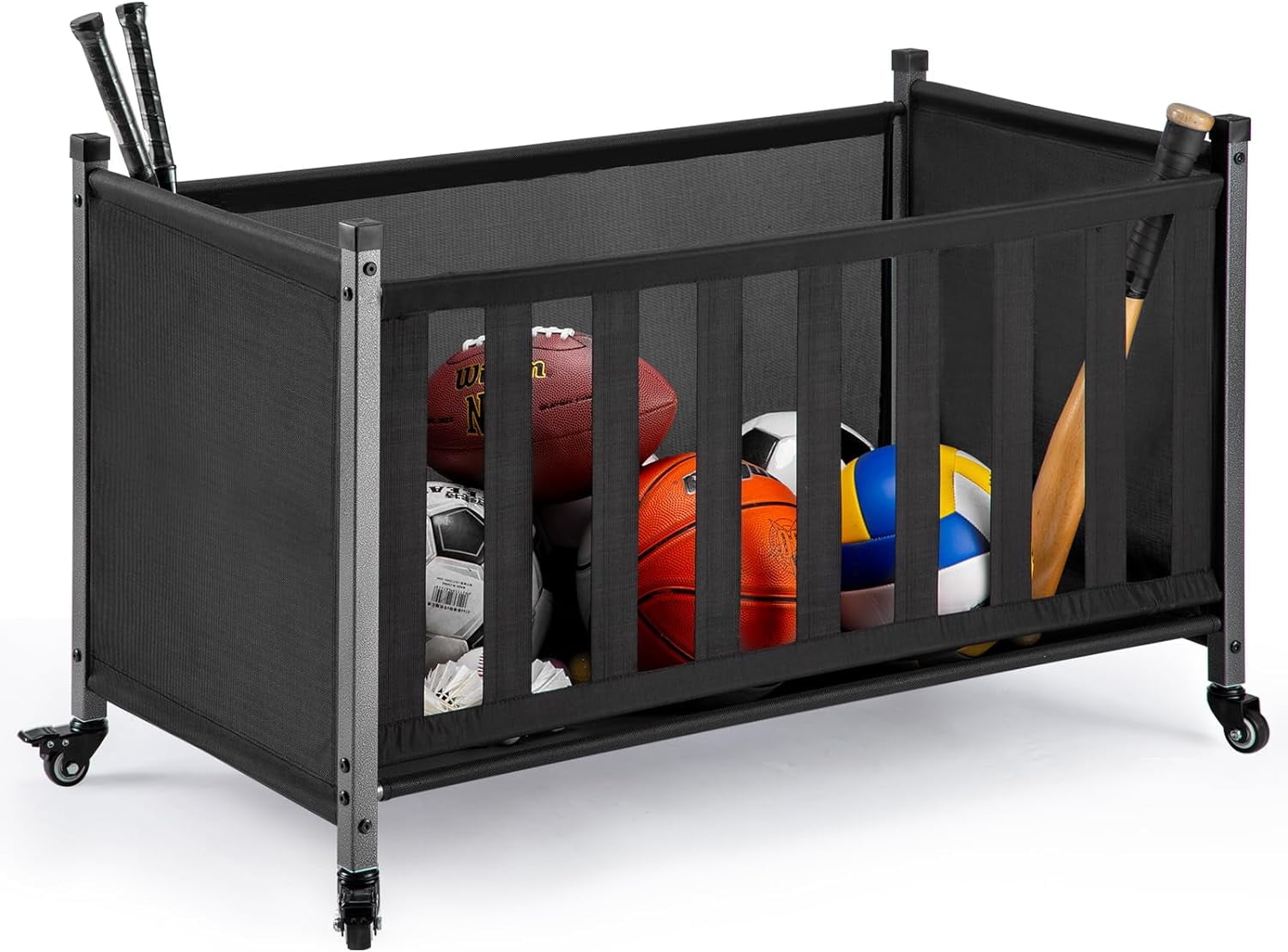 Ball Storage Bin Rolling Sports Ball Cart, Metal Garage Organizer Sport ...