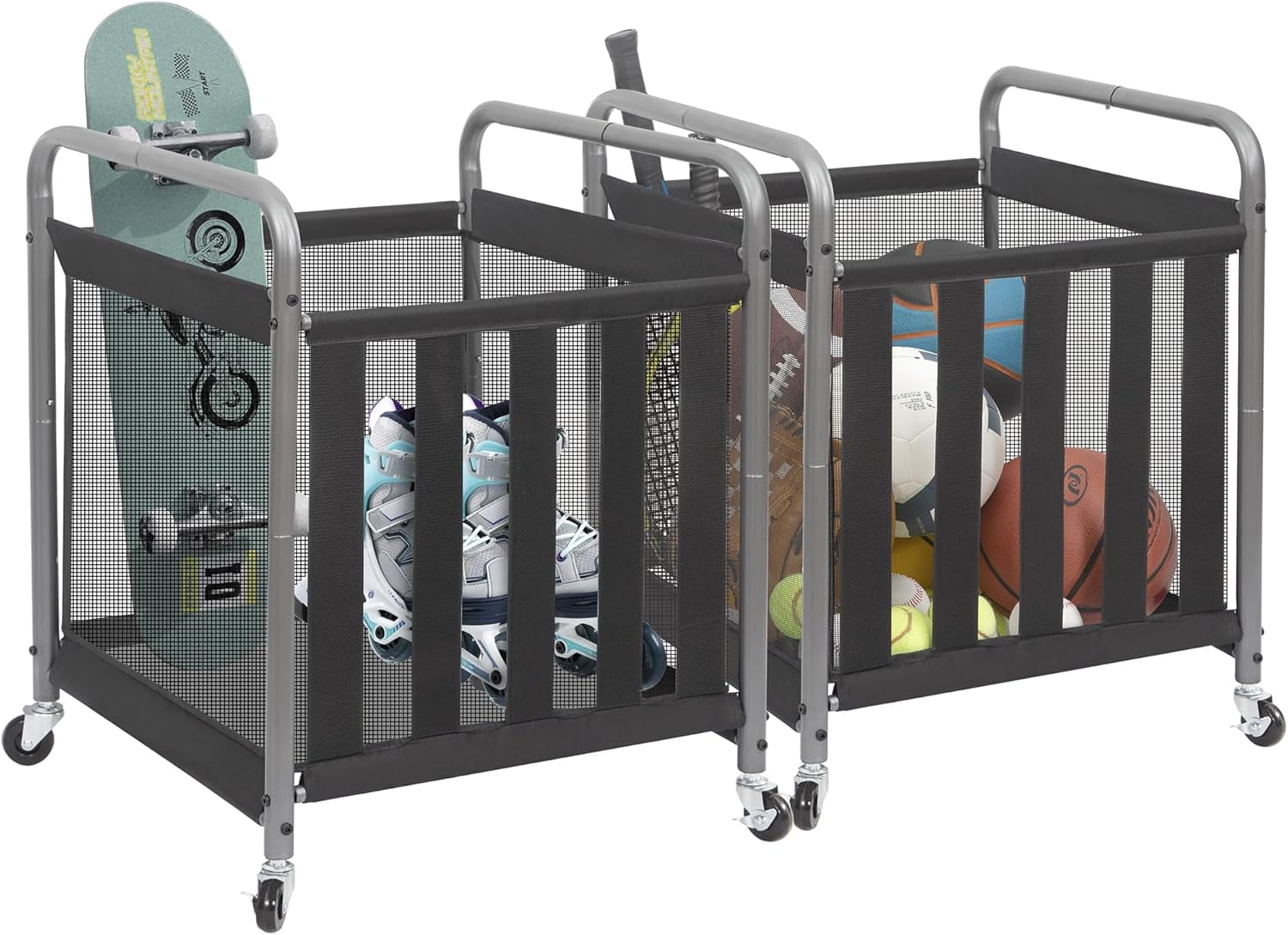 Ball Storage Bin Rolling Sports Ball Cart, Metal Garage Organizer Sport ...