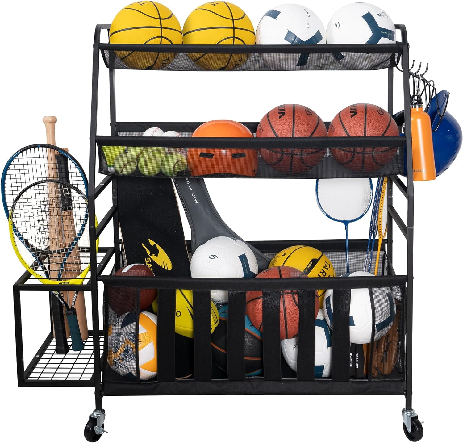 Ball Storage Bin Rolling Sports Ball Cart, Metal Garage Organizer Sport ...