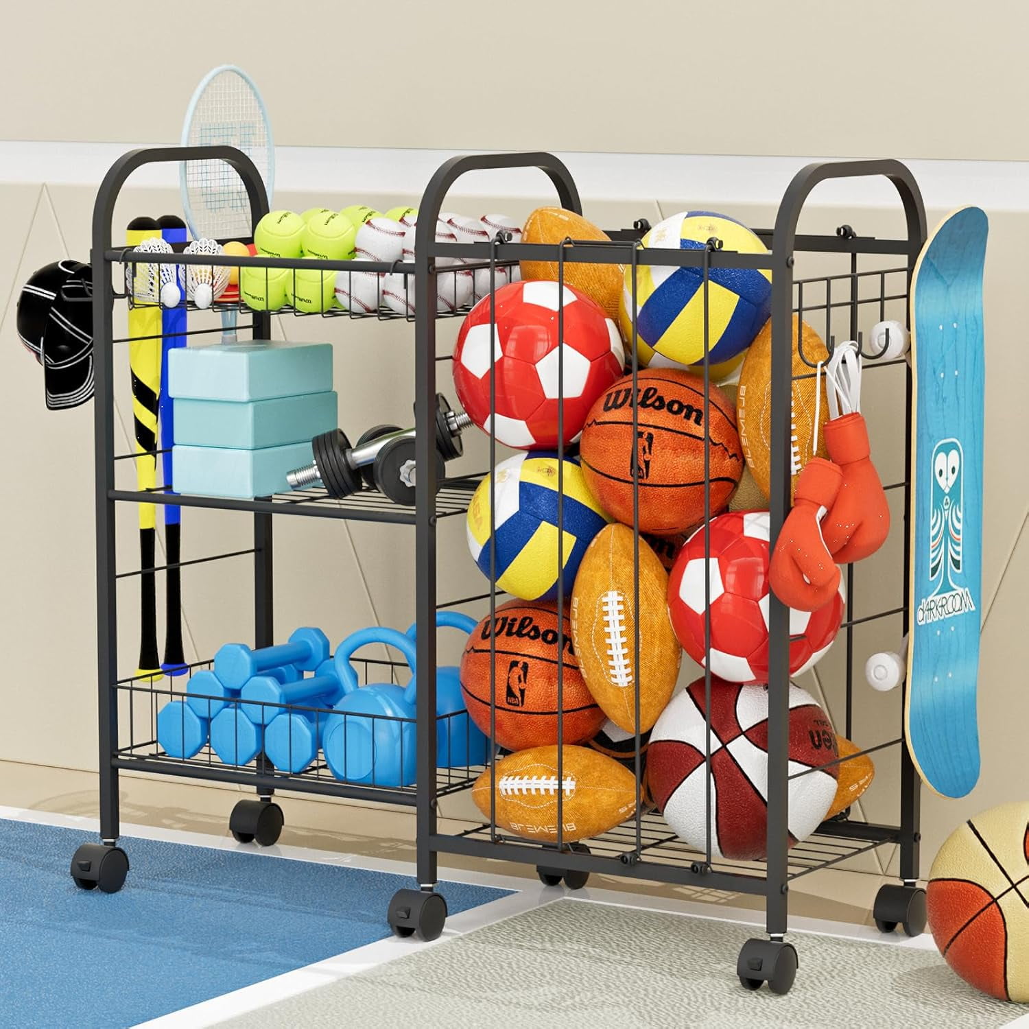 Ball Storage Rack, Sports Ball Storage Cart with 6 Wheels, Elastic ...