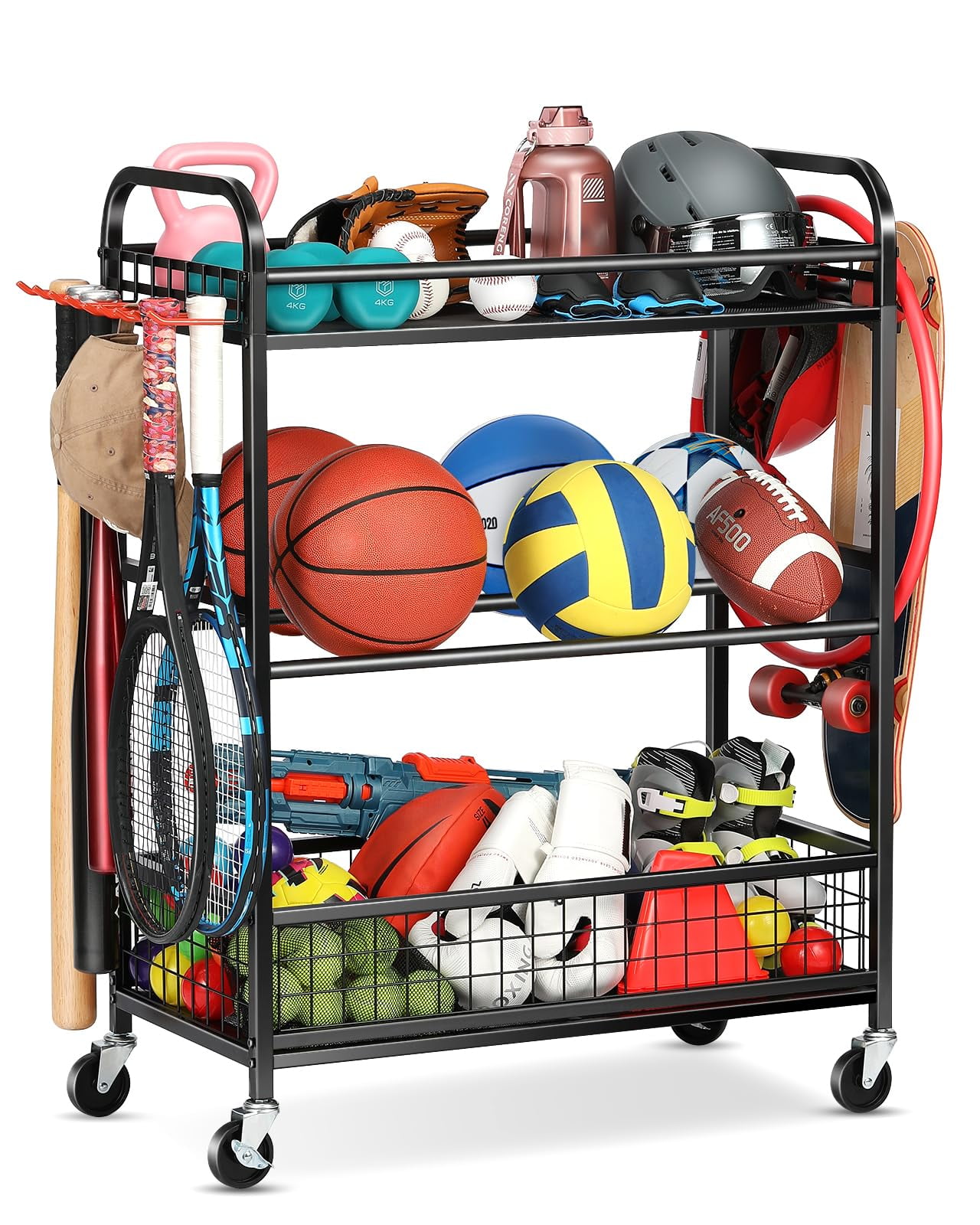 Ball Storage Sports Equipment Organizer - Garage Storage Cart Rolling ...