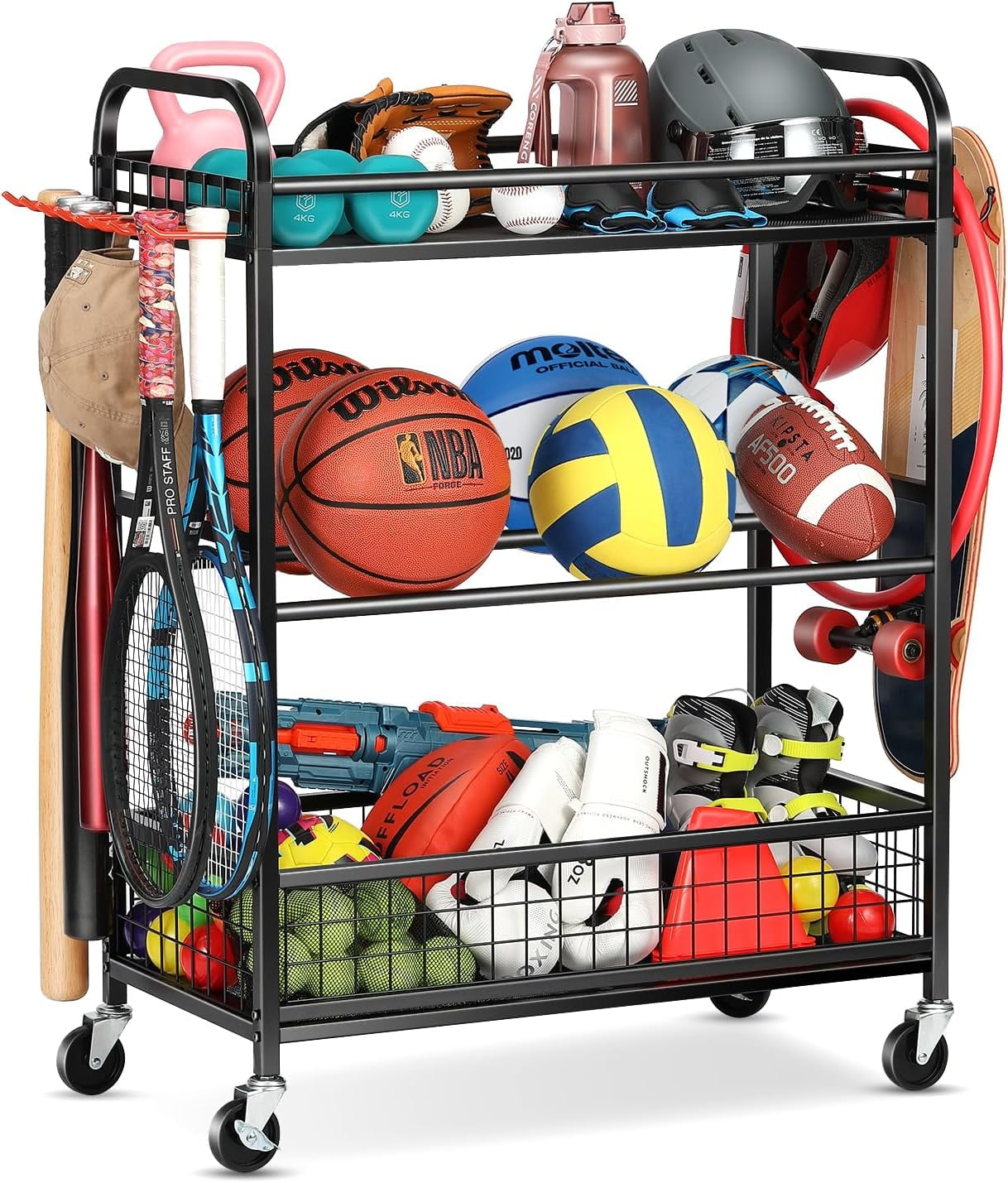 Ball Storage Sports Equipment Organizer - Garage Storage Cart Rolling ...