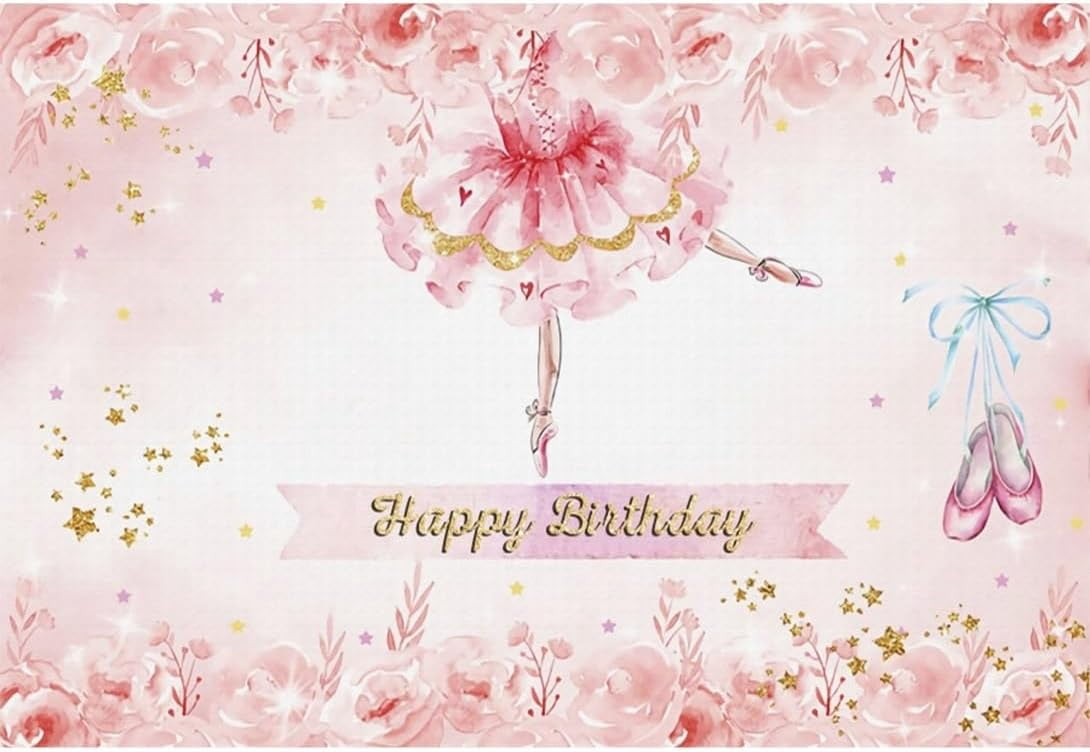 Ballerina Birthday Backdrop Pink Rose Flower Golden Star Dancing Girl ...