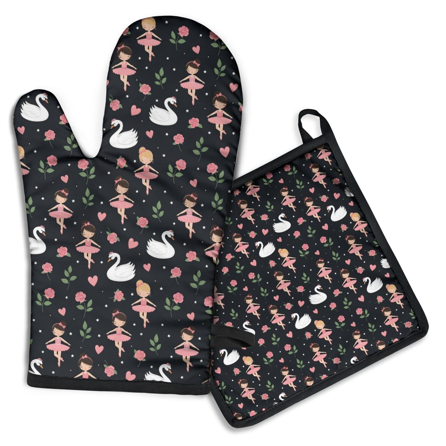 Ballerina Princess Swan Pattern Kitchen Oven Mitt and Pot Holder Sets 4 ...