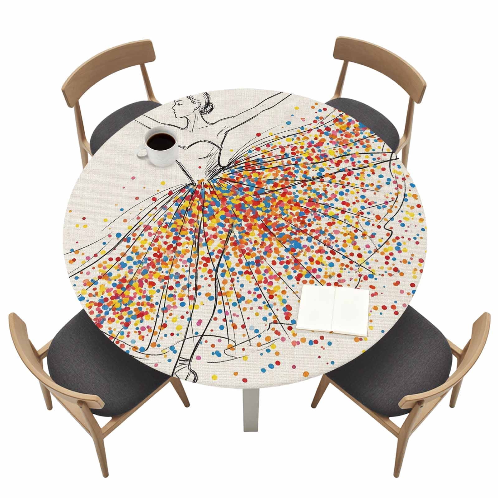 Ballerina Silhouette Round Fitted Table Cover Colorful Splashes Dress ...