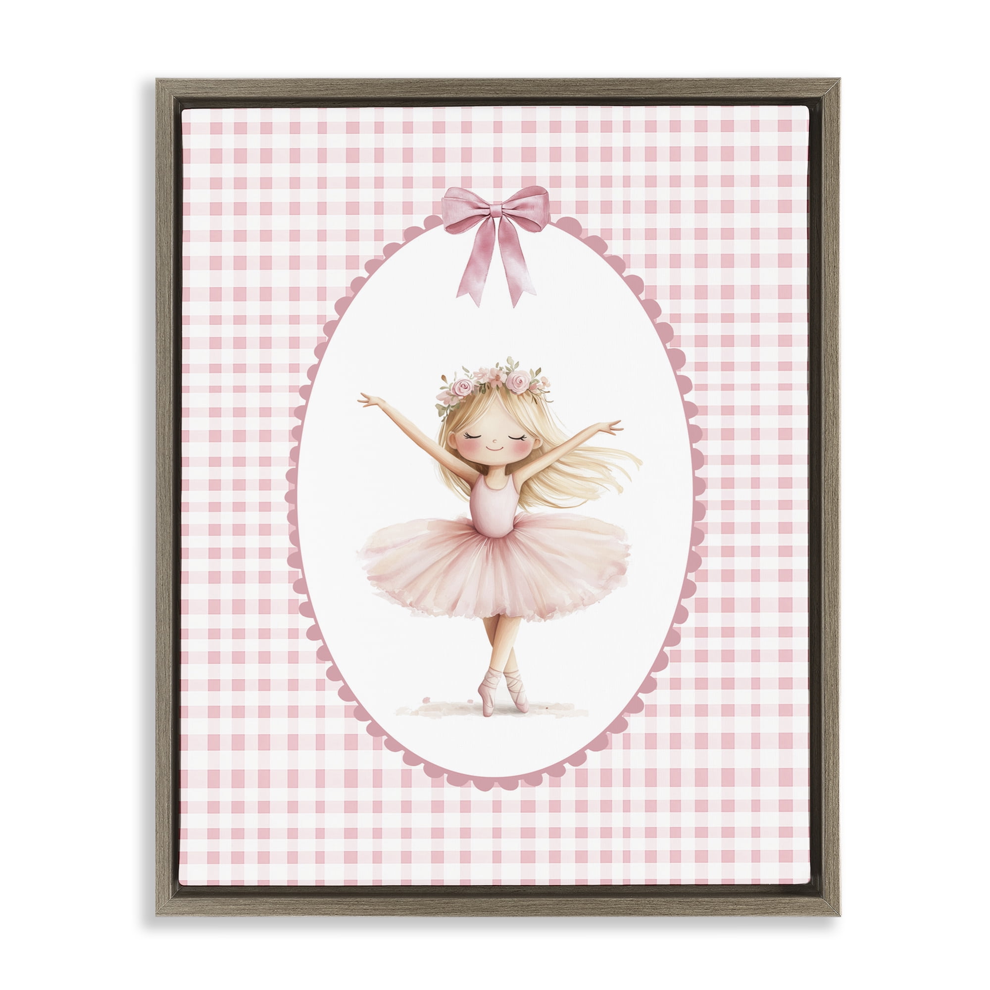 Ballerina on Pink Checkered Brown Framed Floater Canvas Wall Art ...