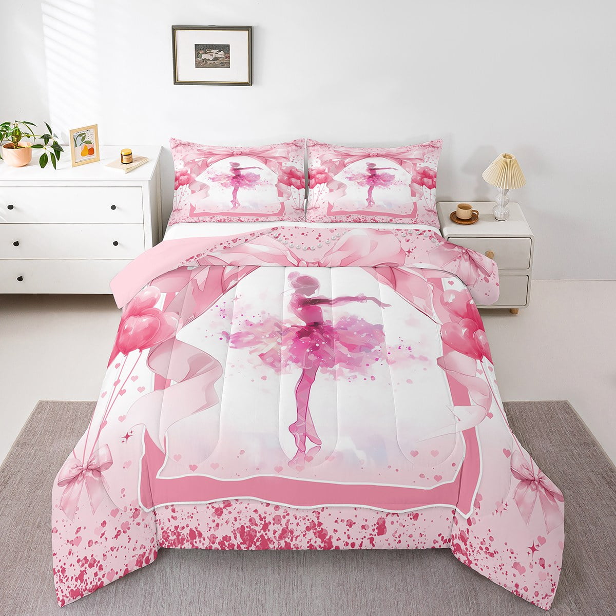 Ballet Bedding Set Full Size Pink Bow Balloons Comforter Teens Bedroom ...