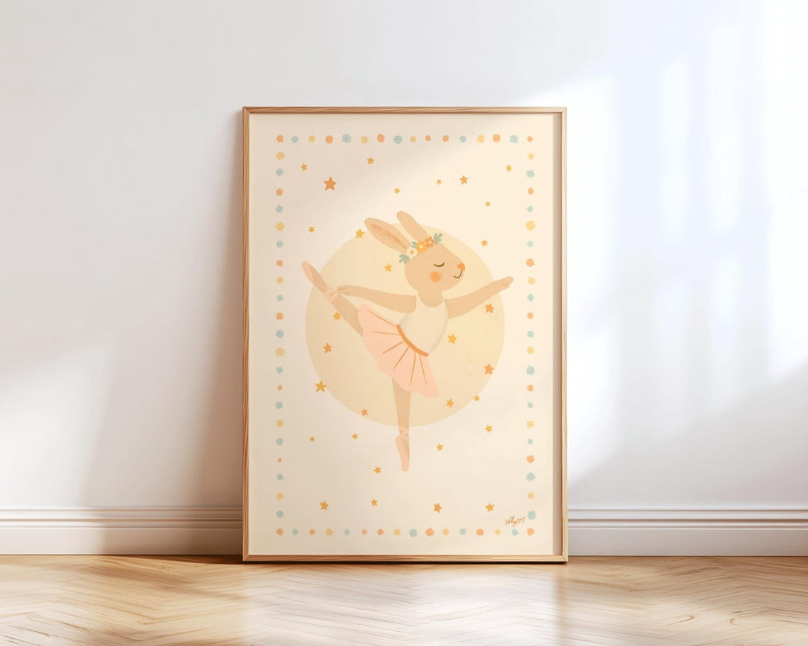 Ballet Bunny For Girls Room Boho Nursery Wall Art Pink Ballerina Animal ...