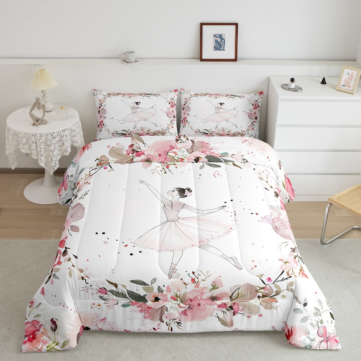 Ballet Comforter Set Twin Size, Pink Flower Bedding Set Teens Adult ...
