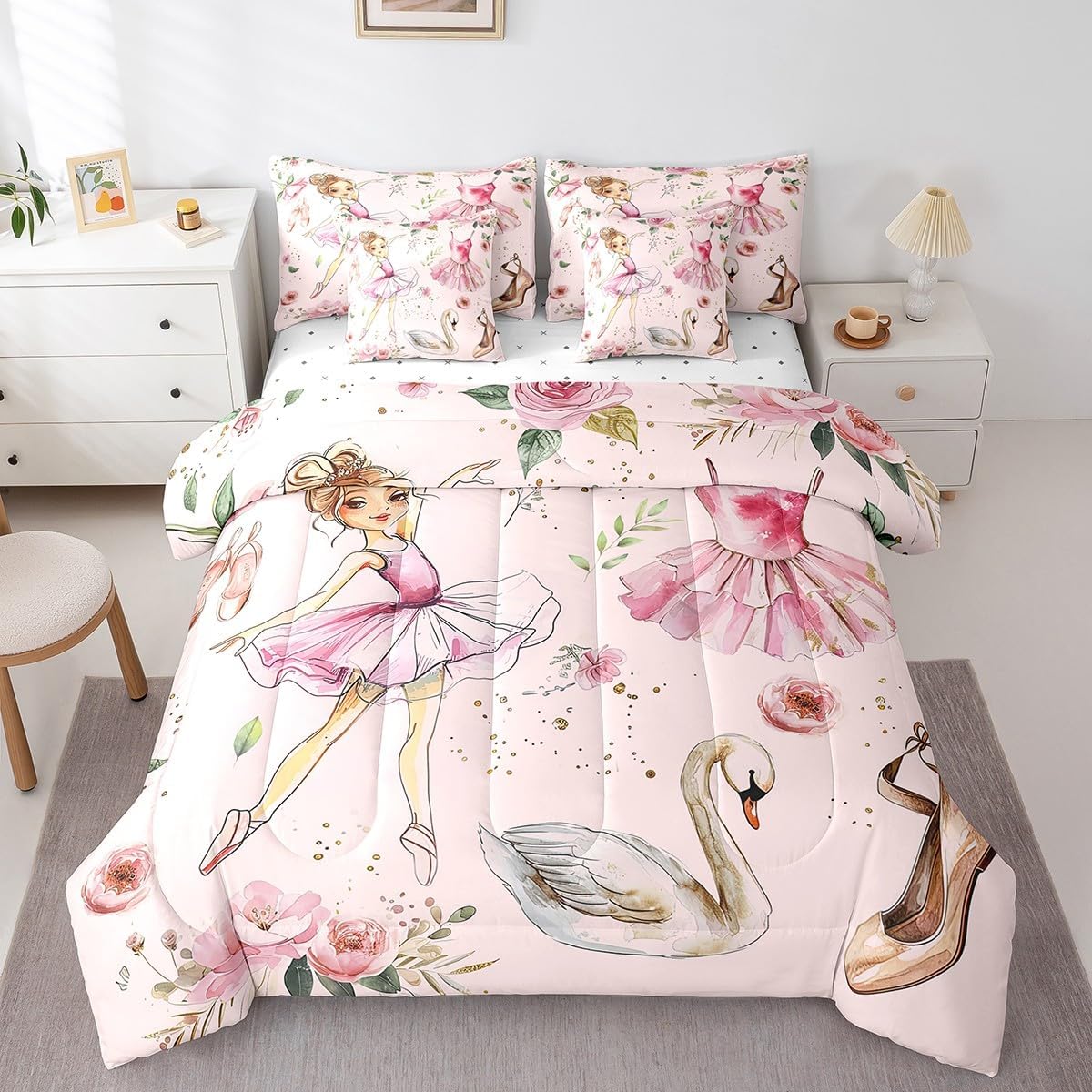 Ballet Dance Girl Pink Comforter Set 7 Pcs,Fantasy Dancing Dress Shoes ...
