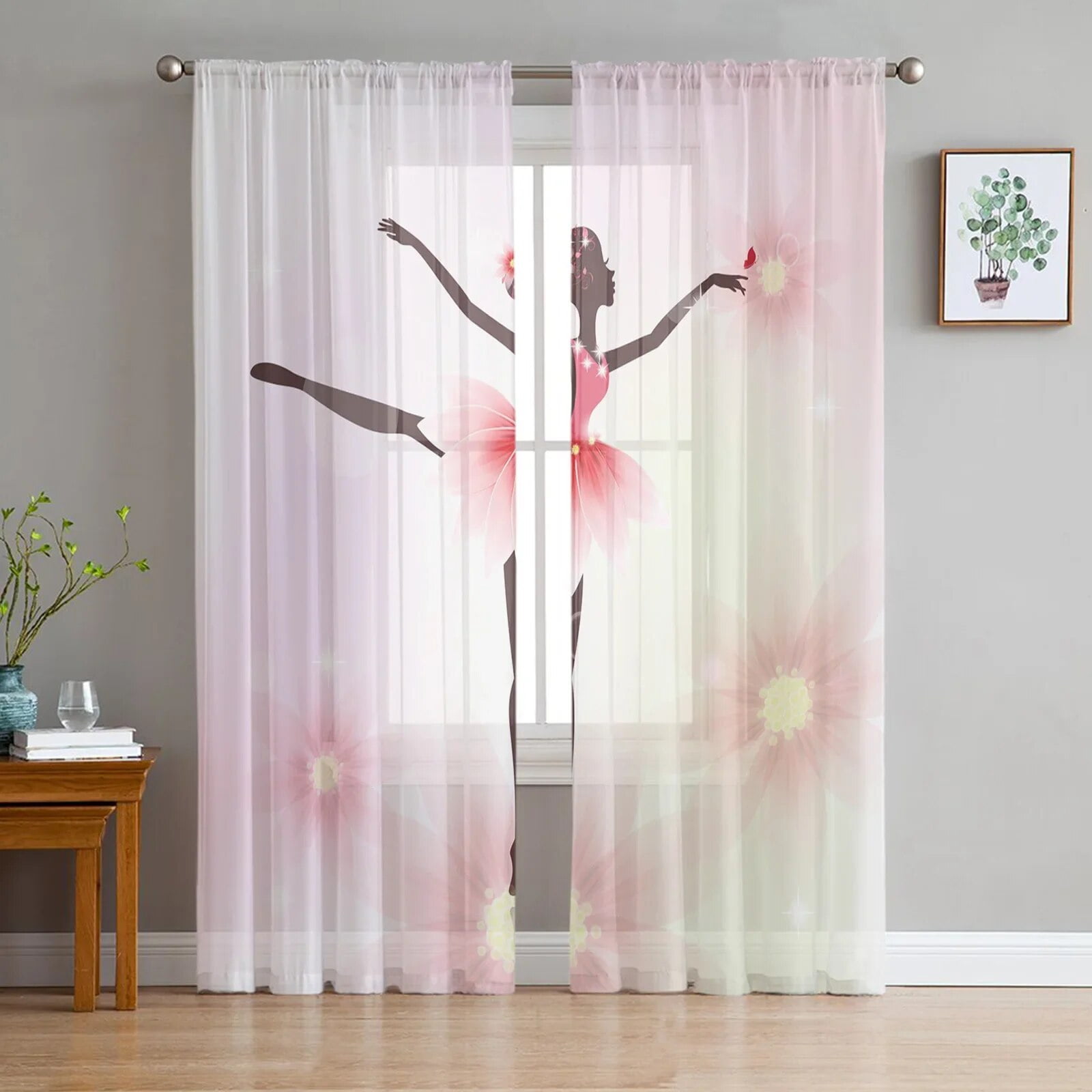 Ballet Dancer Girl Pink Flower Butterfly Tulle Sheer Curtains for ...