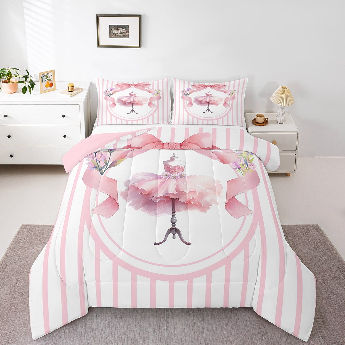 Ballet Dress Comforter Set King Size,Princess Dance Watercolor Pink ...