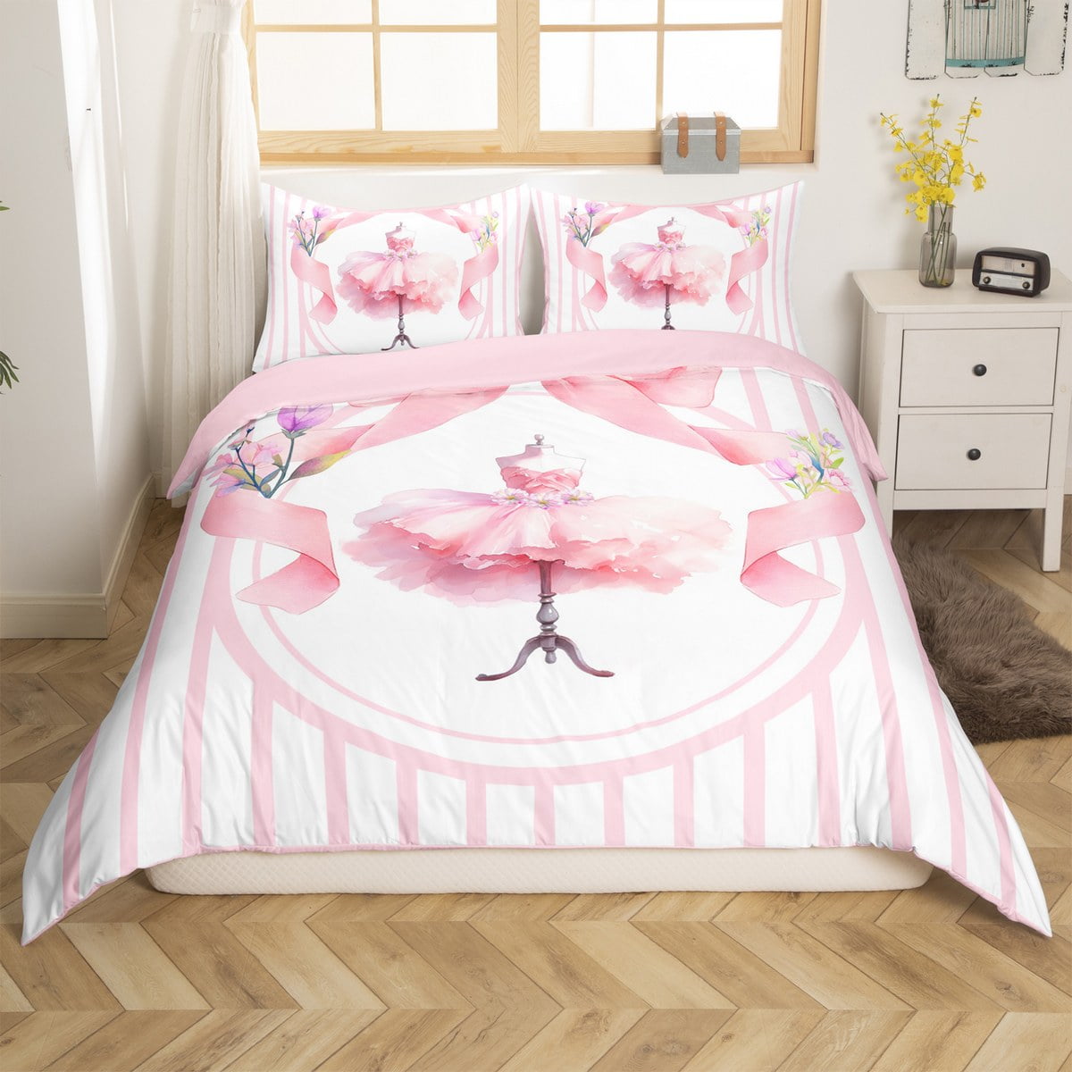 Ballet Dress Duvet Cover Set King Size,Princess Dance Watercolor Pink ...