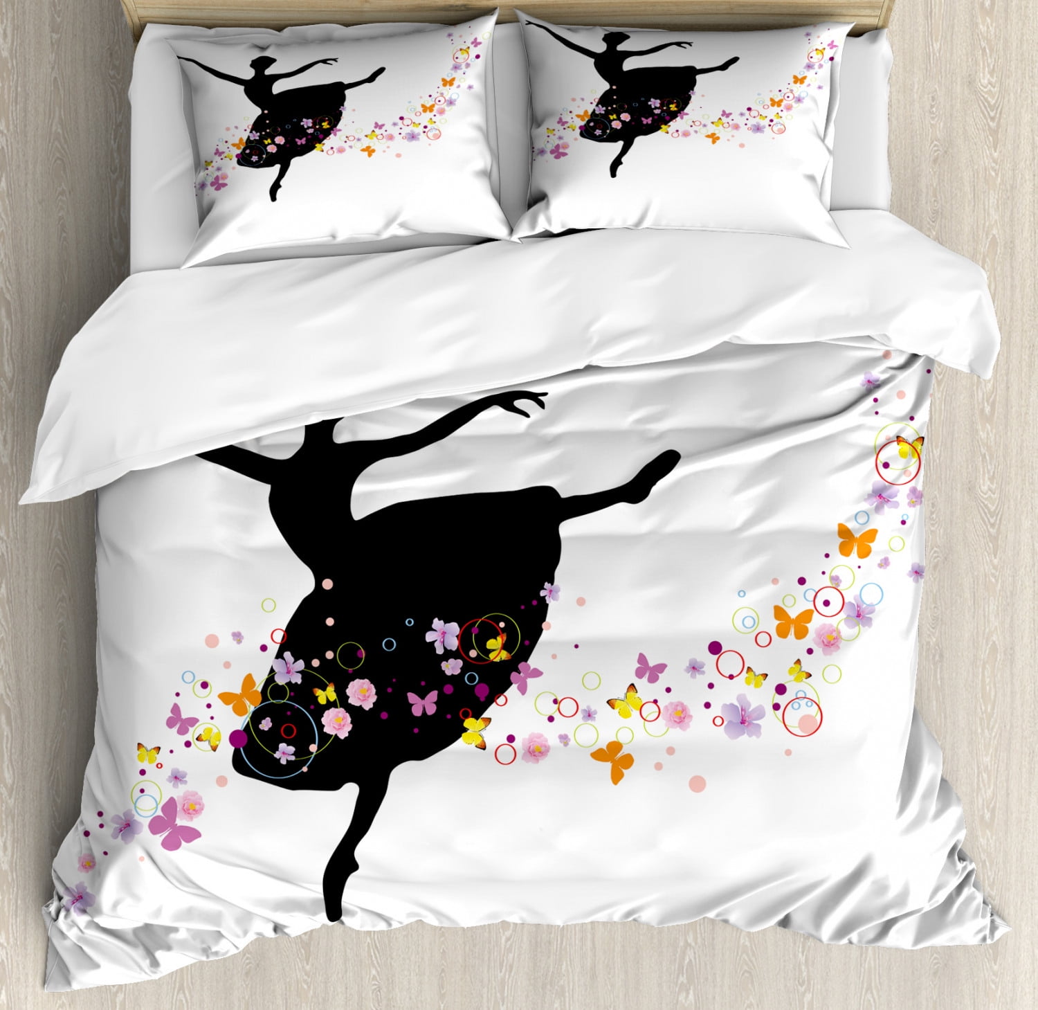 Ballet Duvet Cover Set King Size, Silhouette of Dancer with Flowers Spring Blooms Butterflies ...