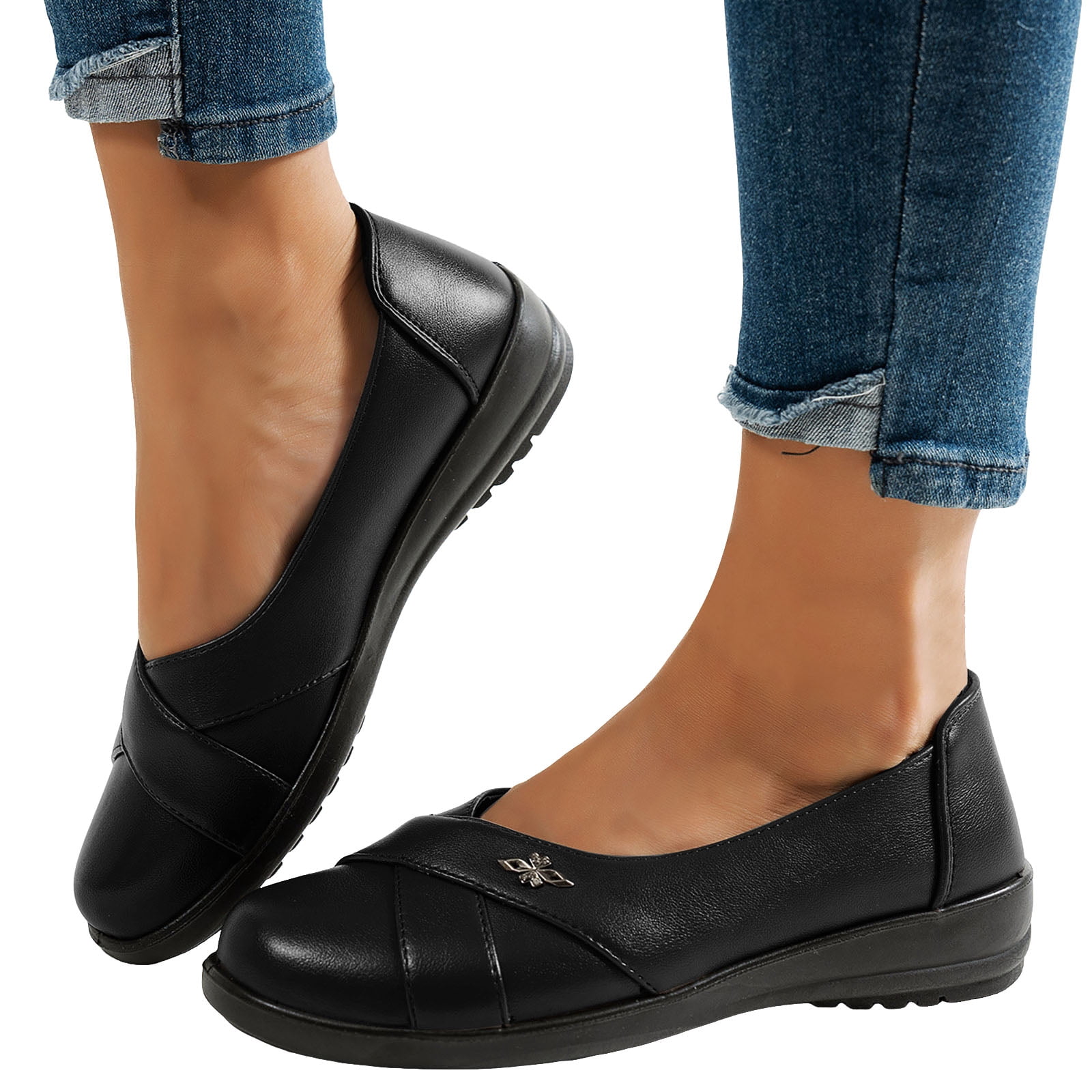 Ballet Flat Shoes for Women Classic Leather Round Toe Chunky Low Wedge ...