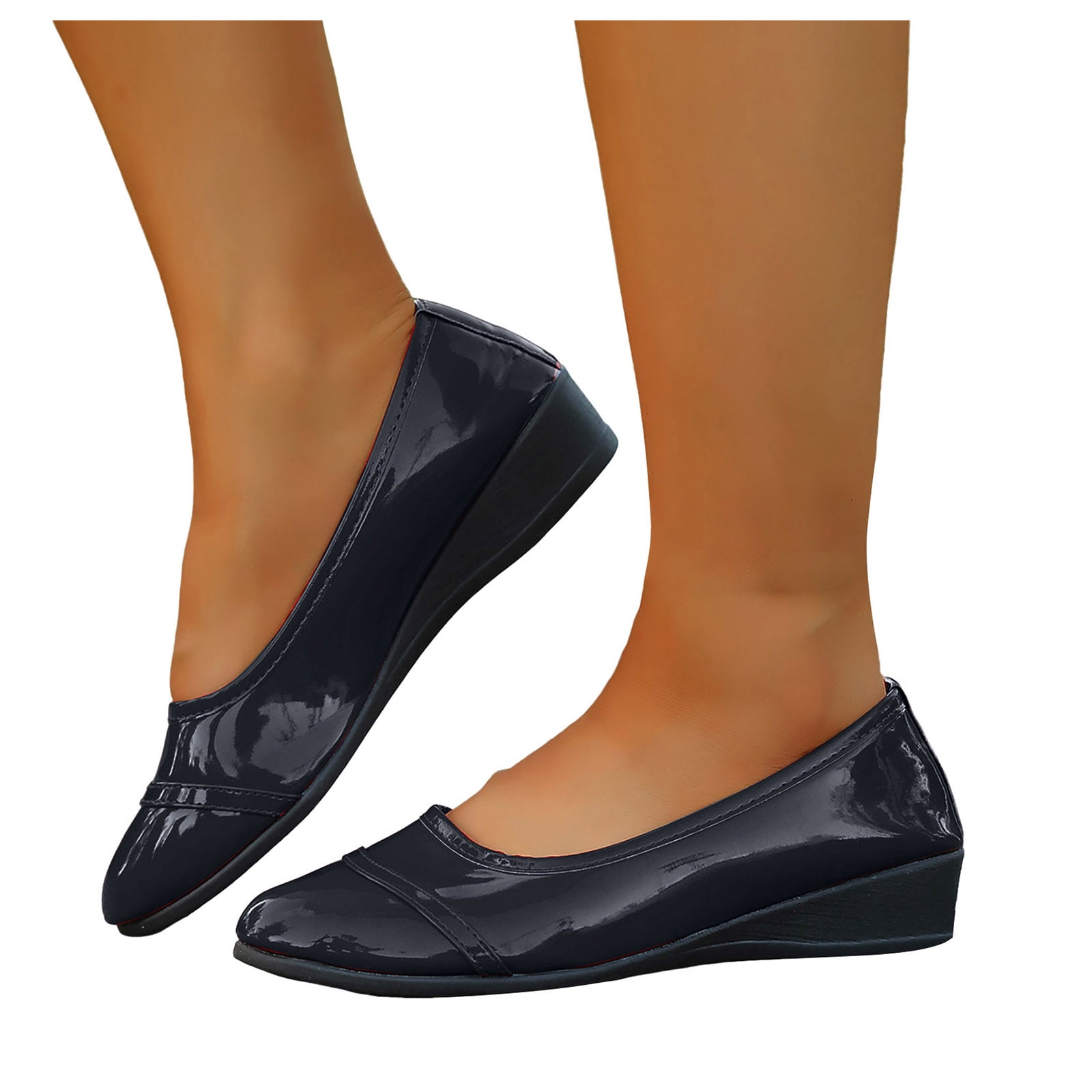 Ballet Flat Shoes for Women Shine Leather Round Toe Slip on Low Wedge ...