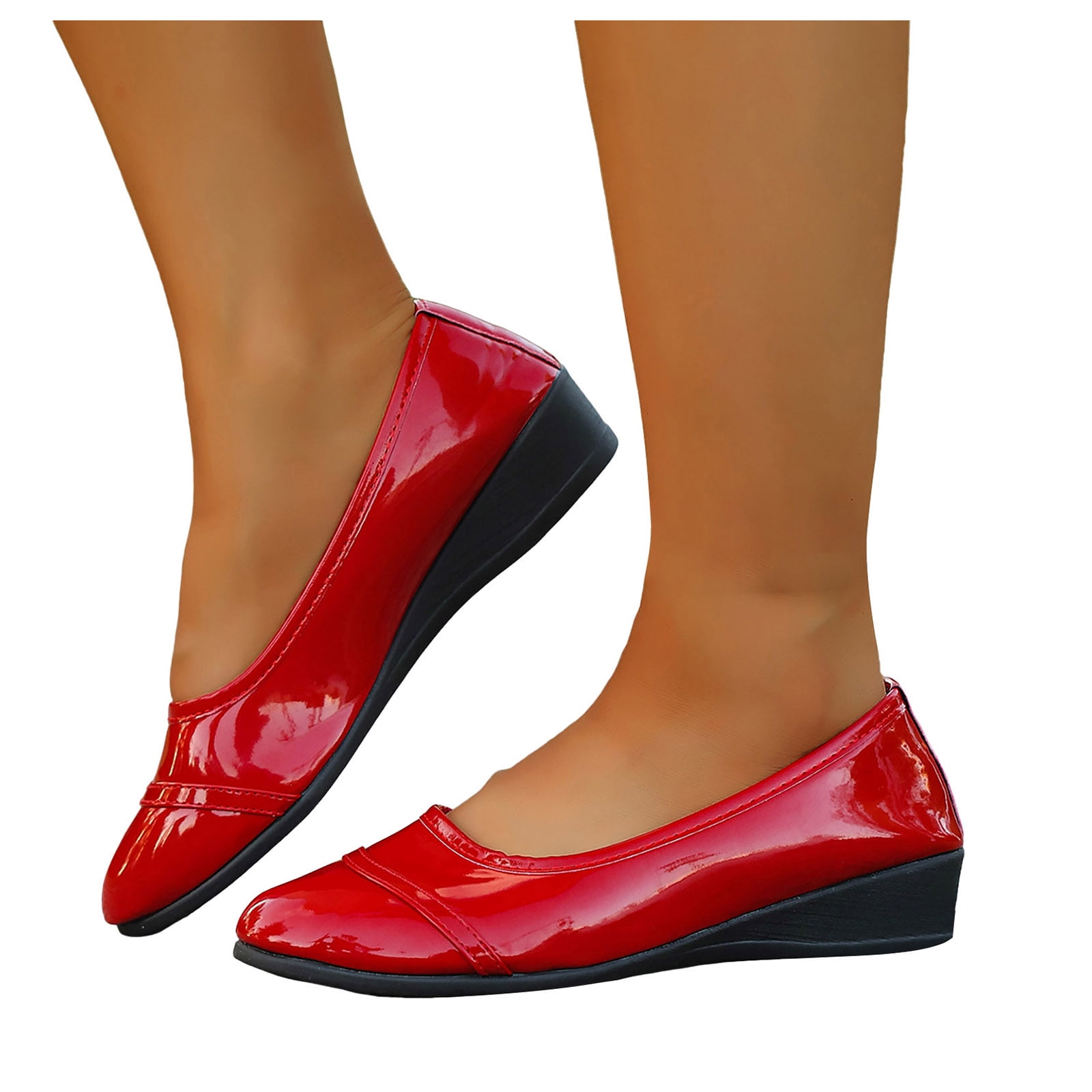 Ballet Flat Shoes for Women Shine Leather Round Toe Slip on Low Wedge ...