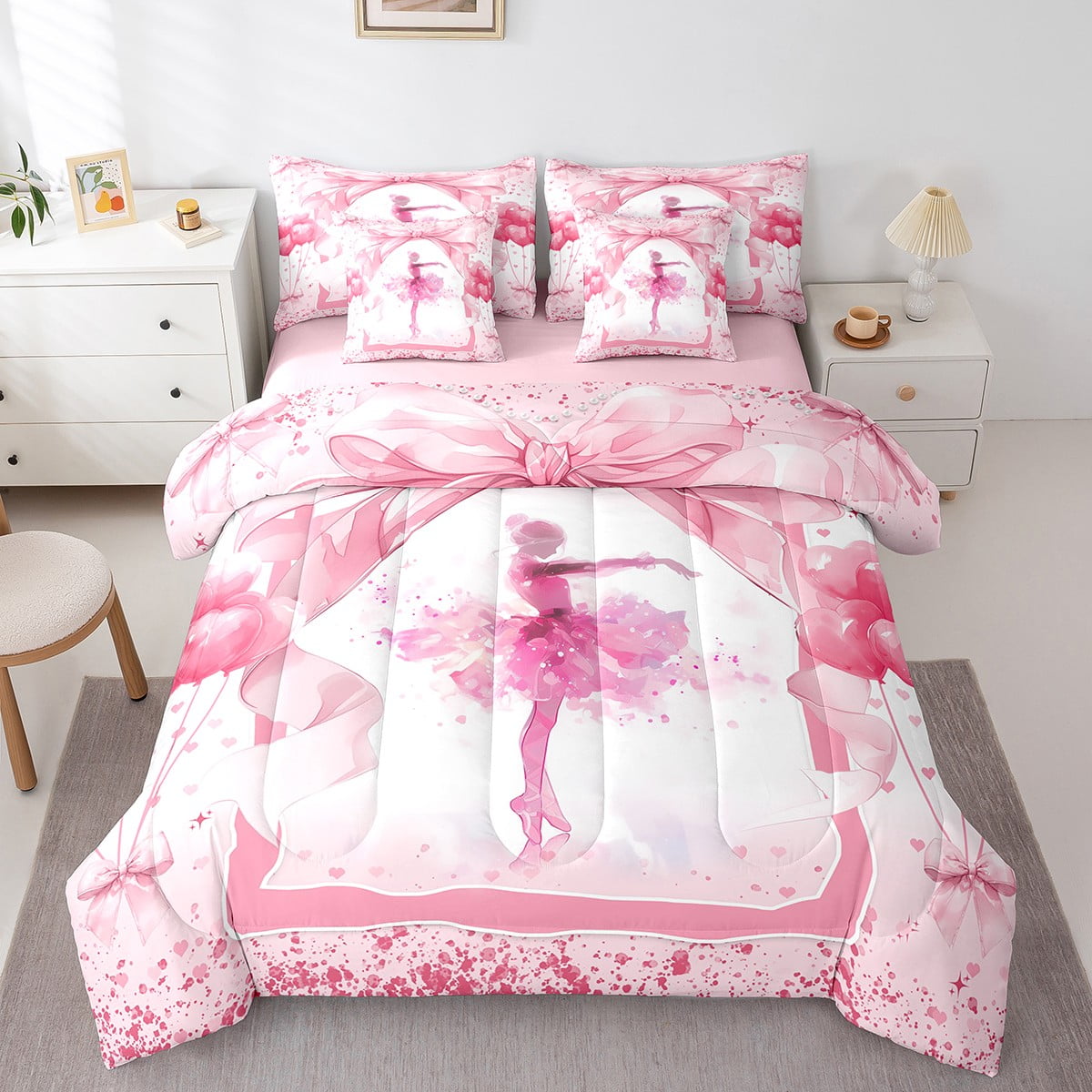 Ballet Bedding Set Queen Size 7 Pcs,Pink Bow Balloons Bed Set Dancing ...