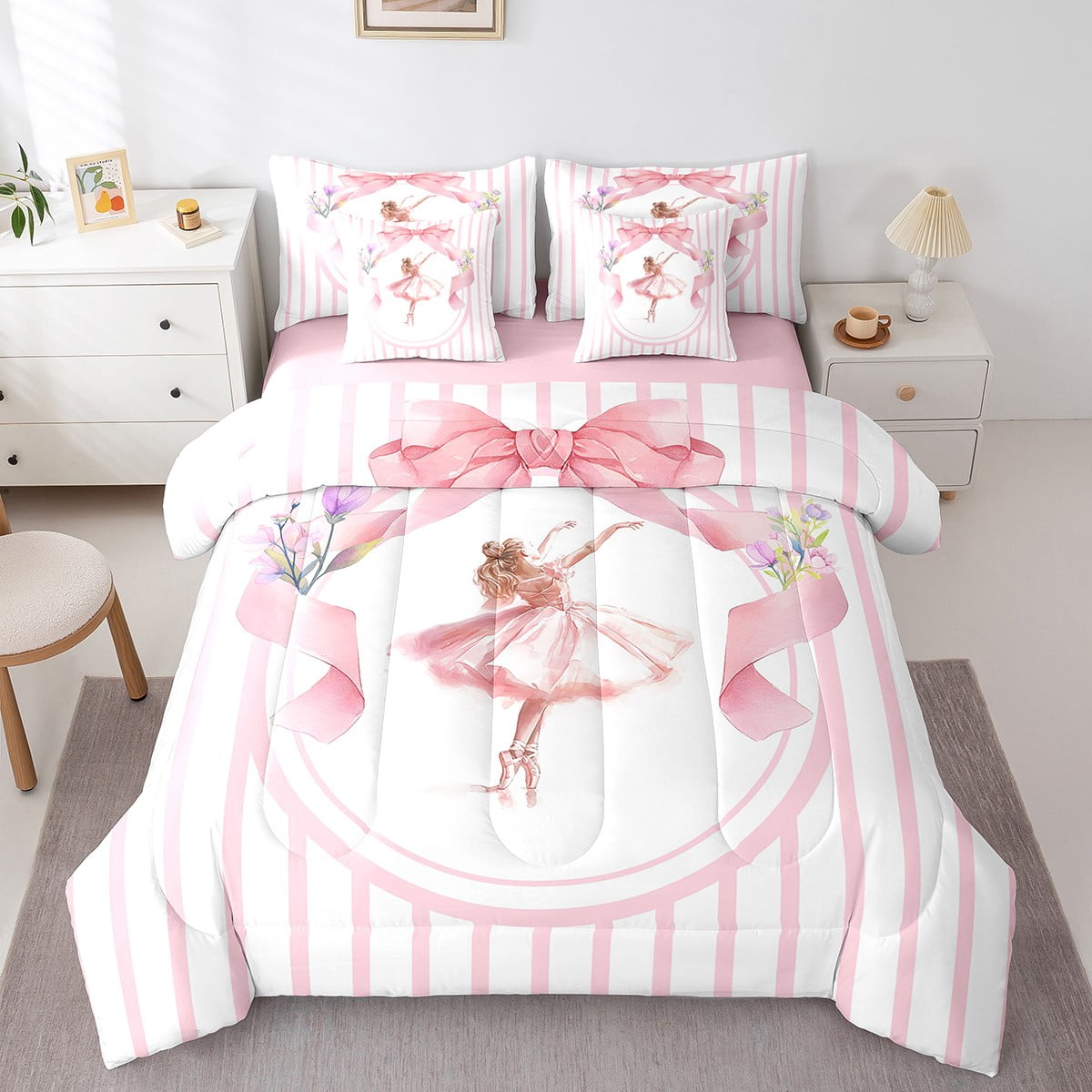 Ballet Comforter Set Twin,Princess Dancing Watercolor Pink Bowknot ...