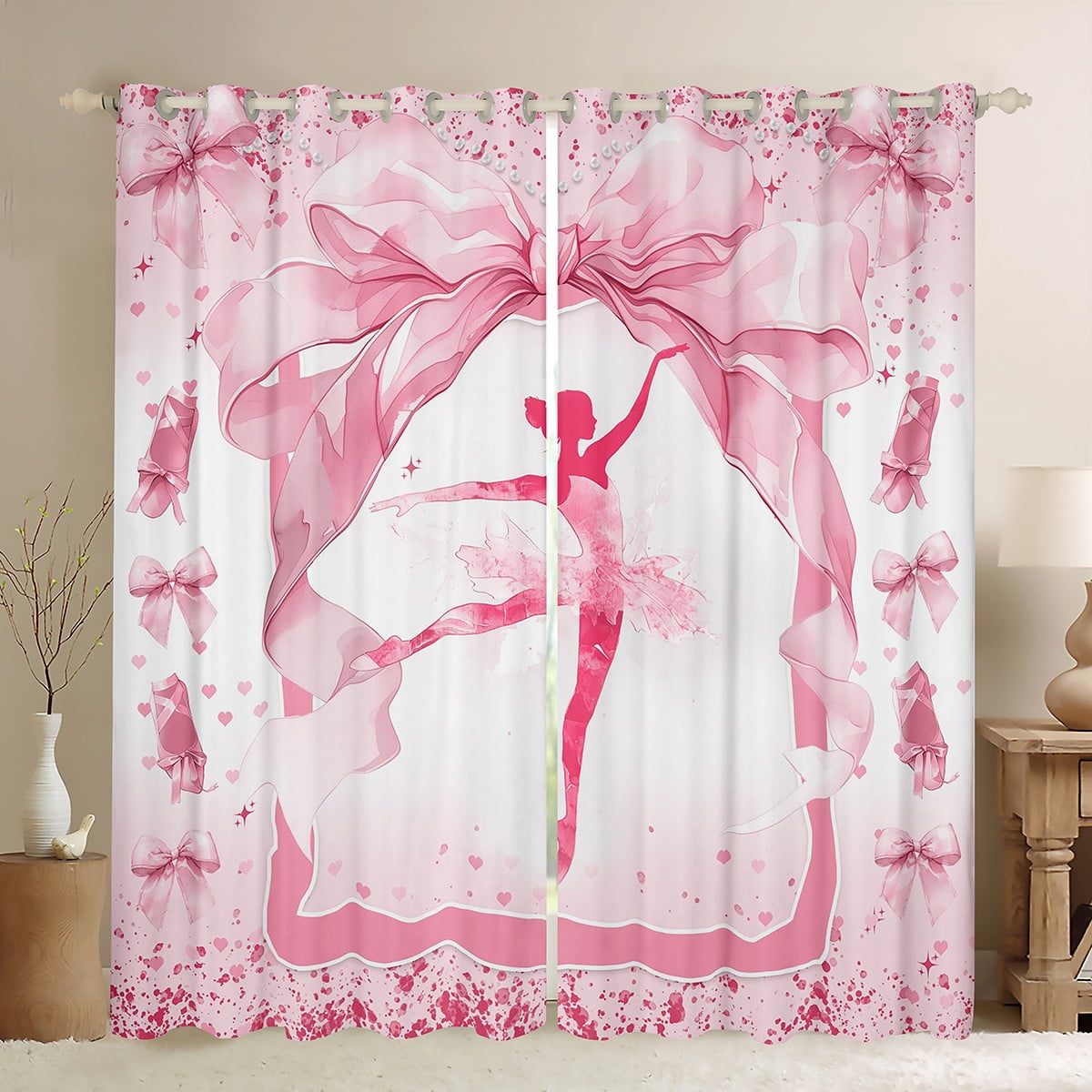 Ballet Curtains Women Bedroom Pink Bow Love Hearts Window Curtains ...