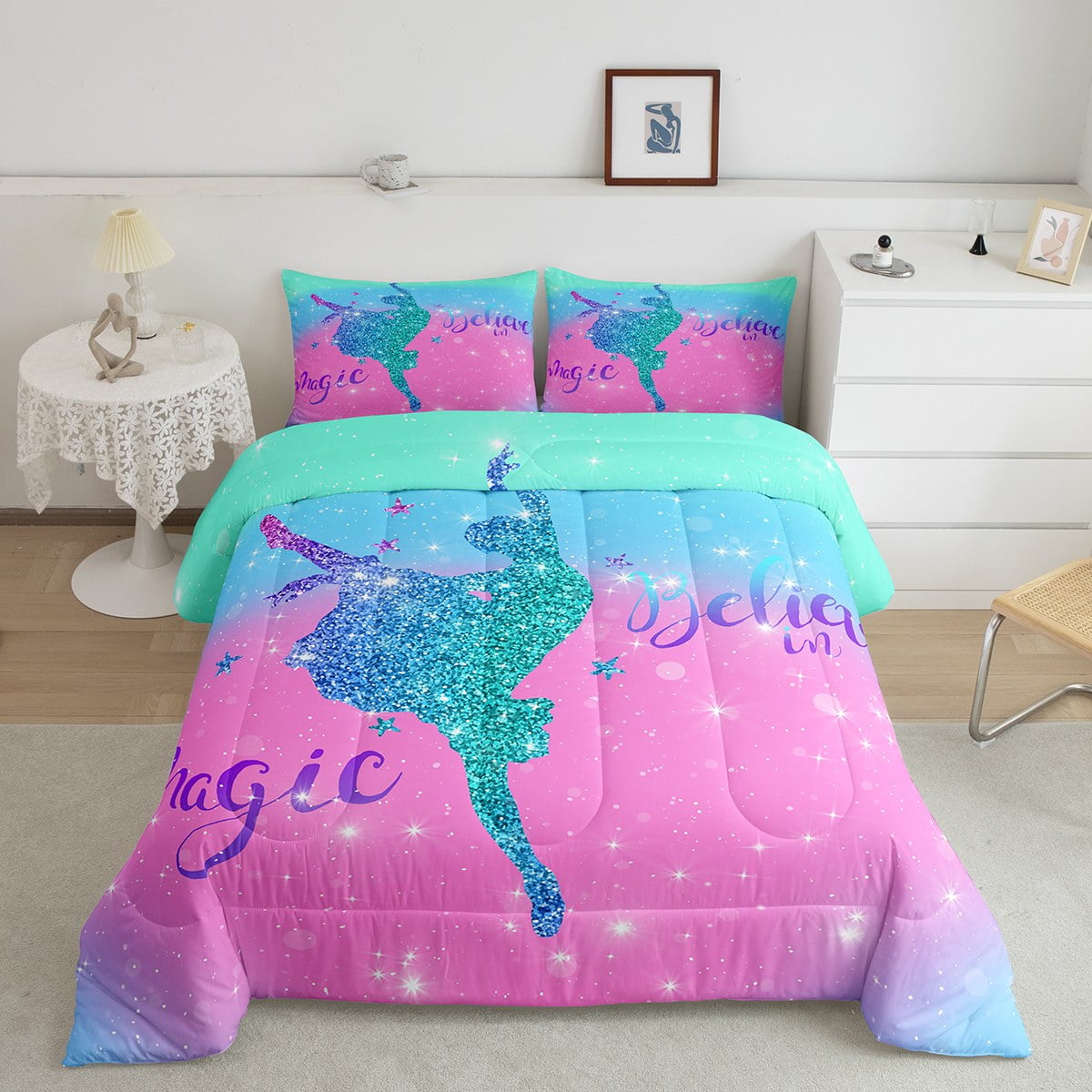Ballet Girl Silhouette Comforter Set Full Pink Galaxy Bedding Set ...