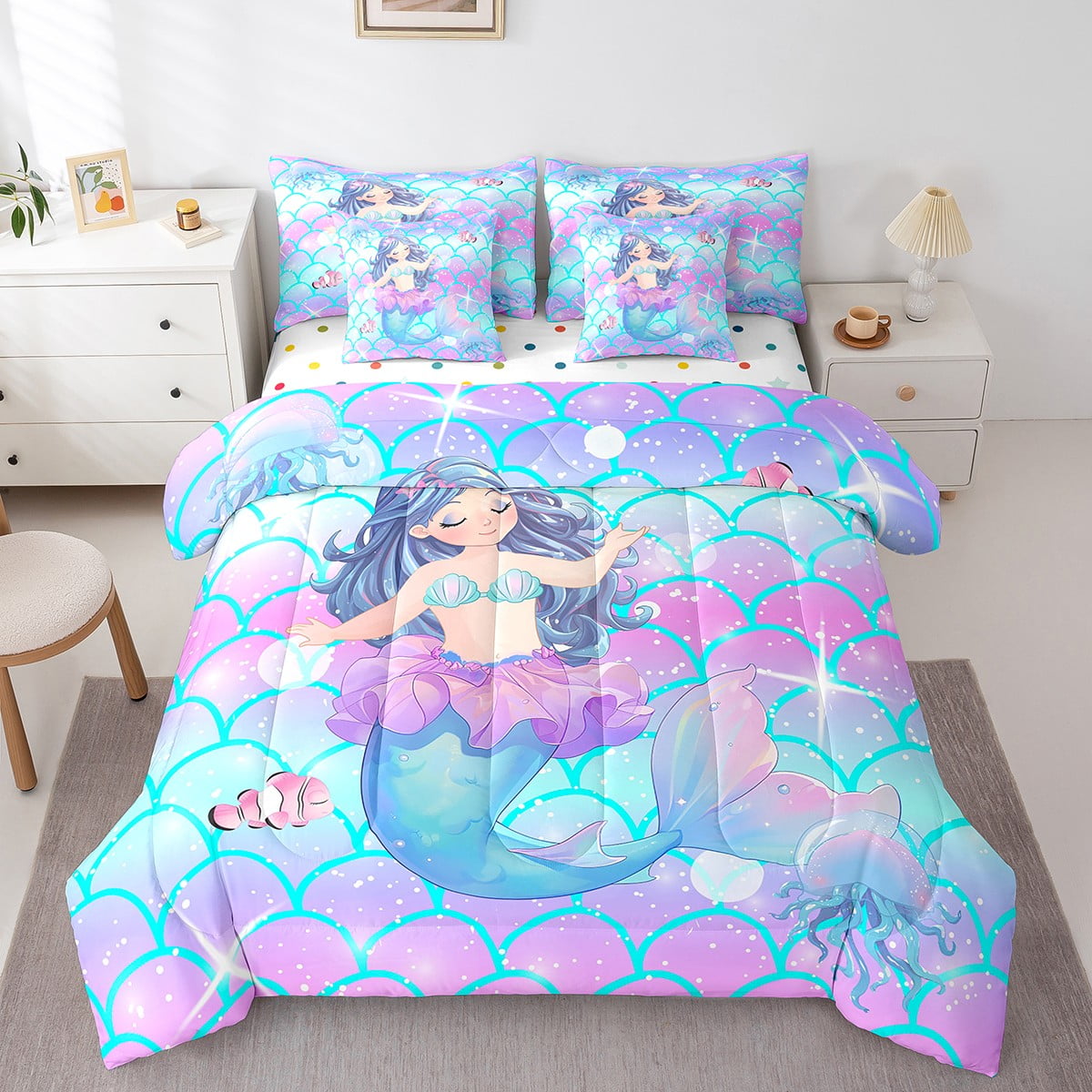 Ballet Mermaid Comforter Set 7 Piece Bed in a Bag Twin,Cute Jellyfish ...