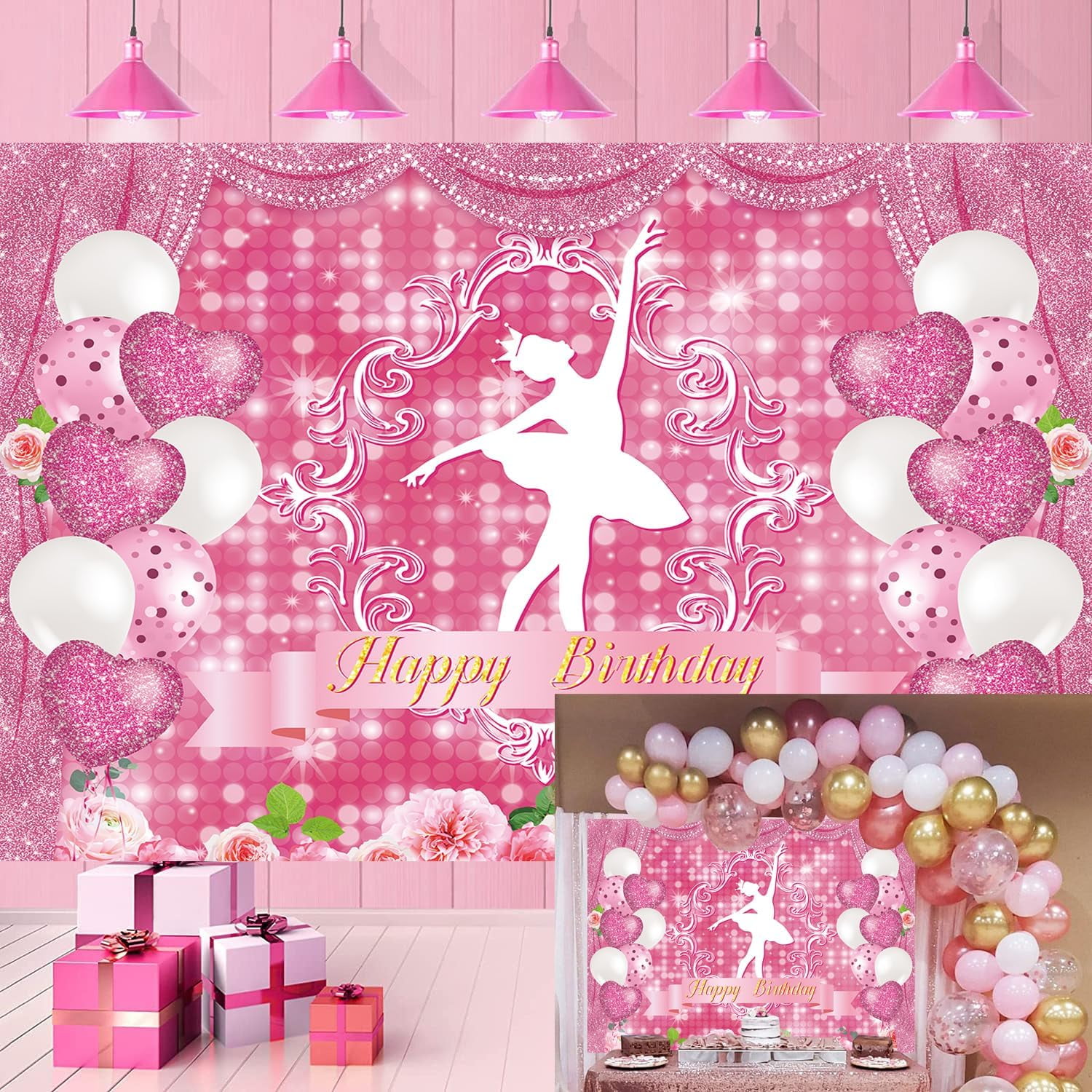 Ballet Princess Birthday Party Backdrop Pink Shining Balloon Women ...