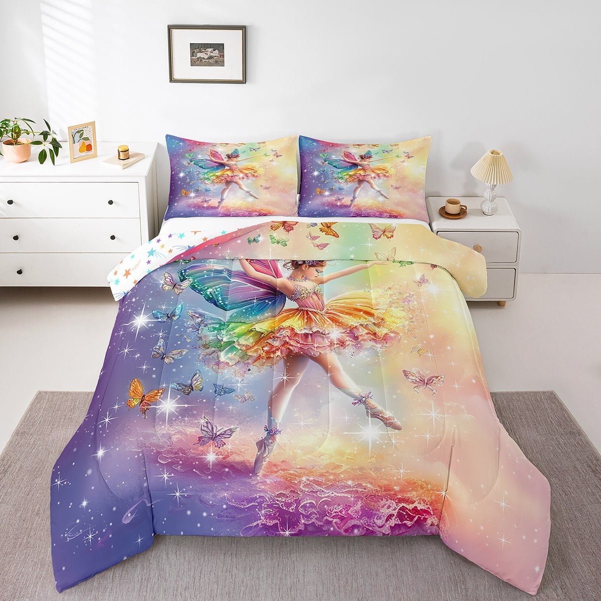 Ballet Princess Comforter Set Full Size,Colorful Butterfly Dreamy Fairy ...