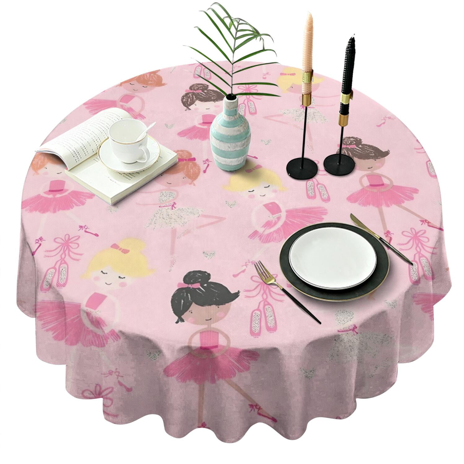 Ballet Princess Pattern Round Tablecloth 60"x60",Wrinkle Wipeable Table ...
