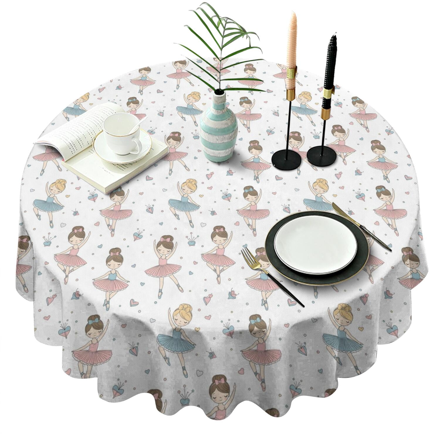 Ballet Princess Pattern Round Tablecloth 60"x60",Wrinkle Wipeable Table ...