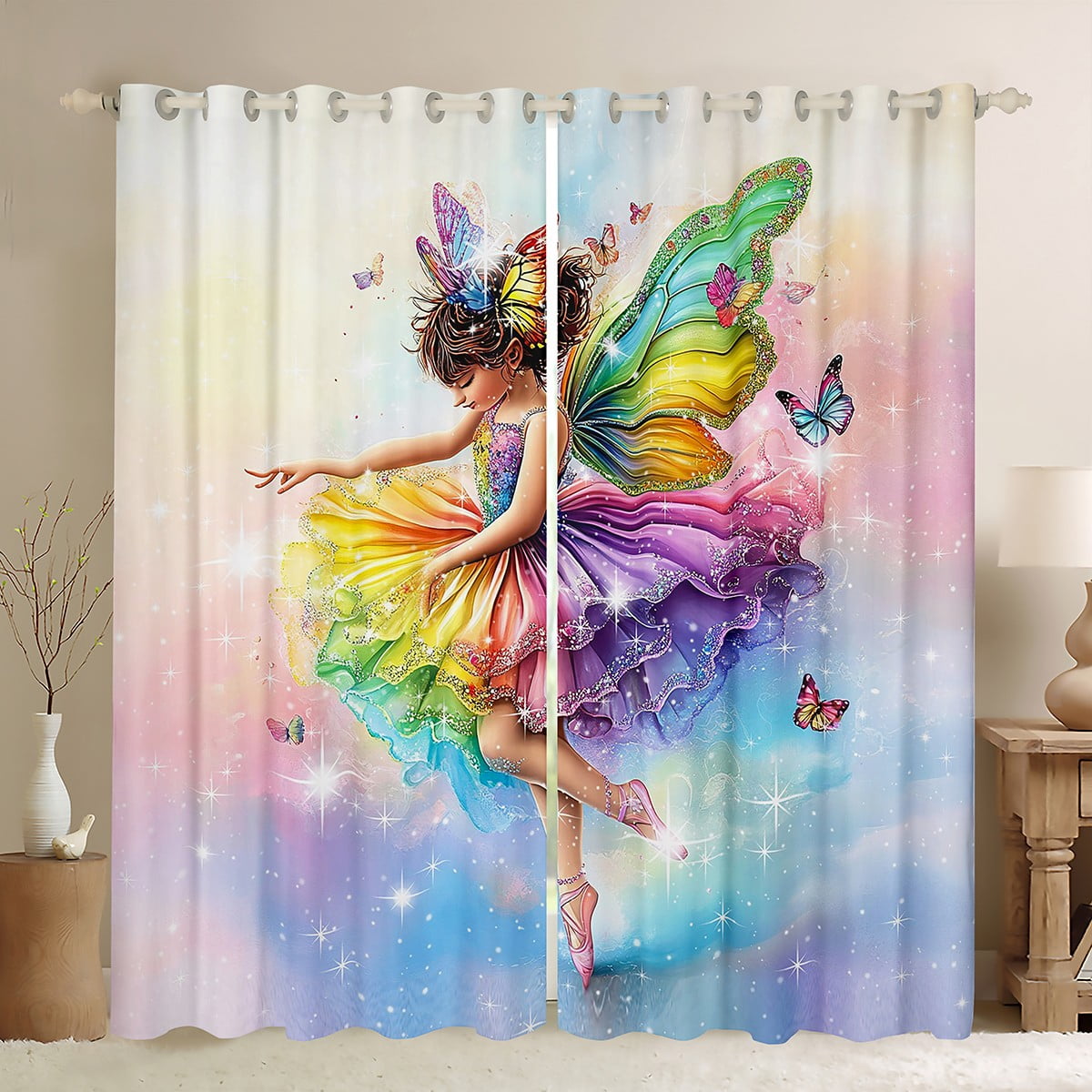 Ballet Princess Window Curtain Set of 2 Panels,Cute Dancing Rainbow ...