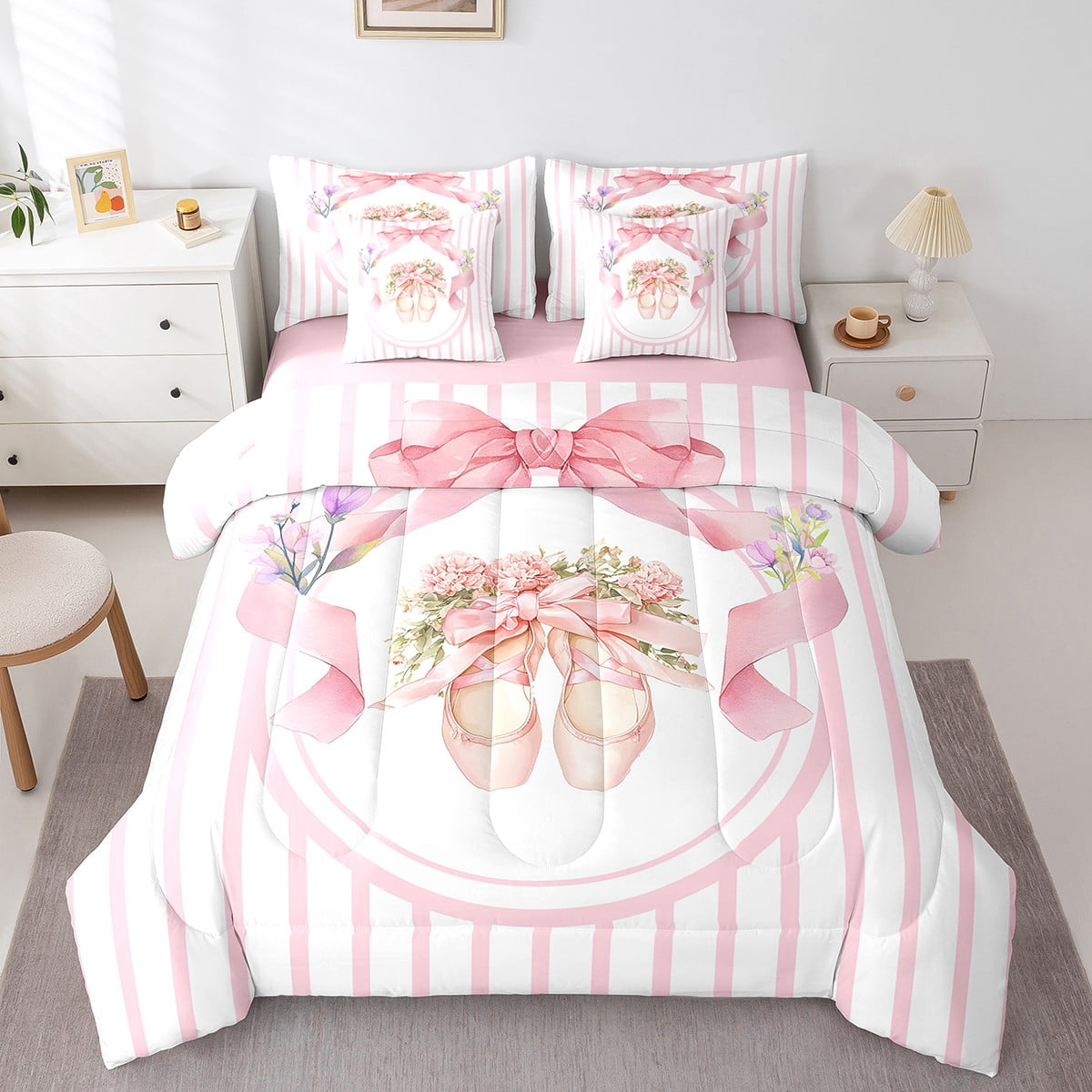 Ballet Shoes 7 Pcs Comforter Set,Dreamy Floral Ballet Dance Pink ...