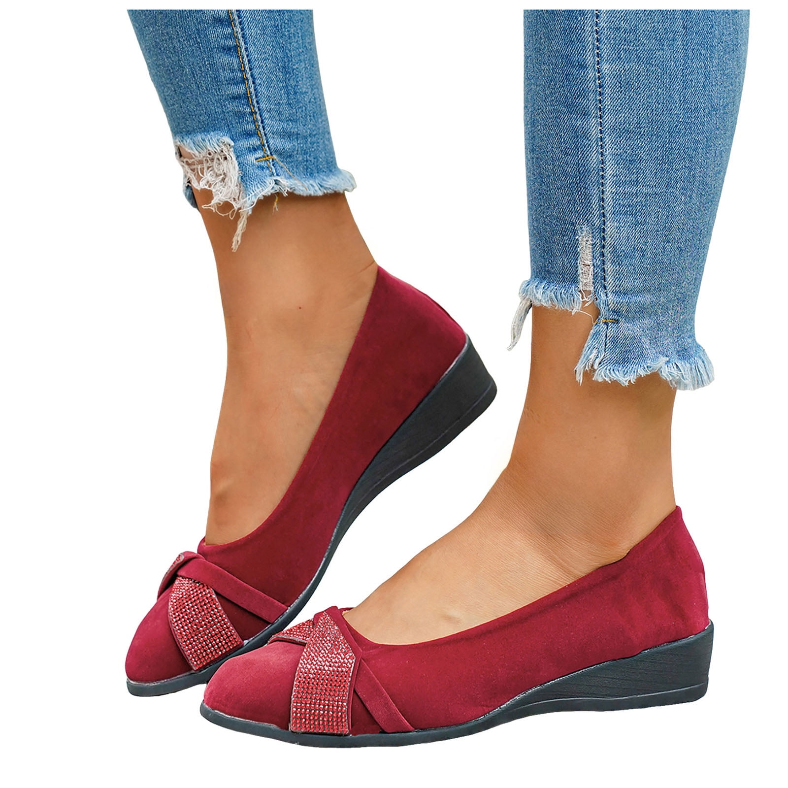 Ballet Shoes for Women Glitter Rhinestone Band Casual Suede Low Wedge ...