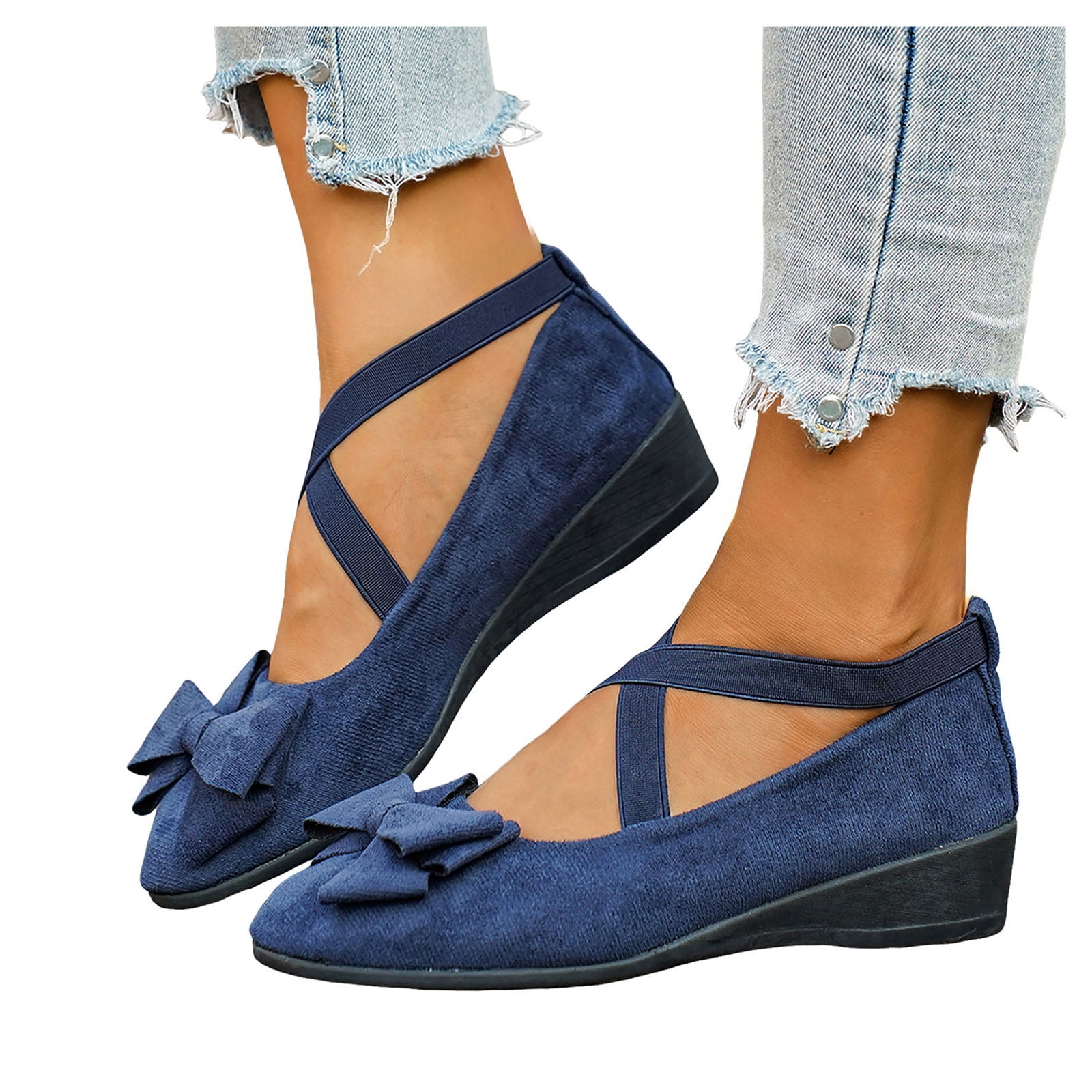 Ballet Shoes for Women Suede Bow Pointed Toe Elastic Strap Wedge ...