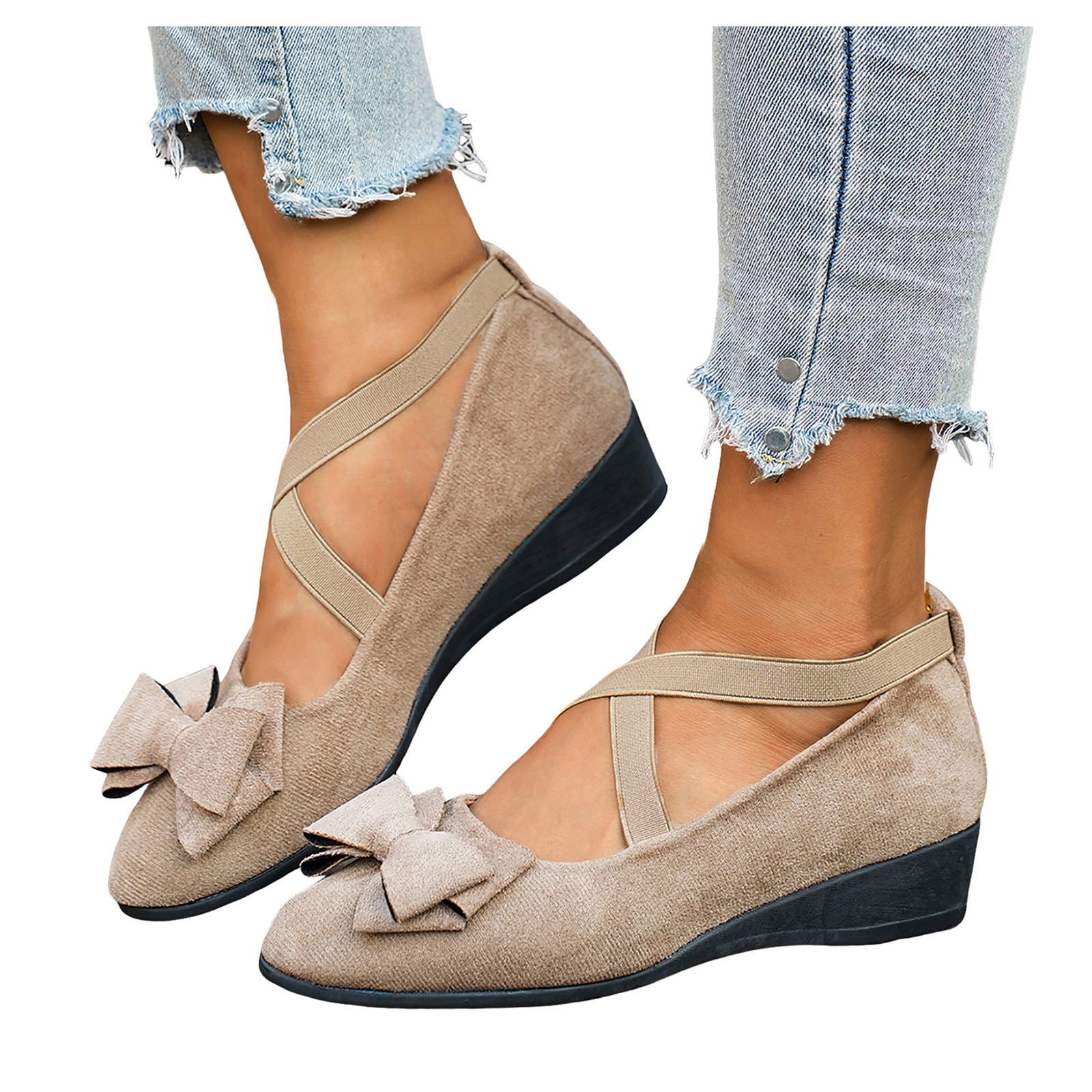 Ballet Shoes for Women Suede Bow Pointed Toe Elastic Strap Wedge ...