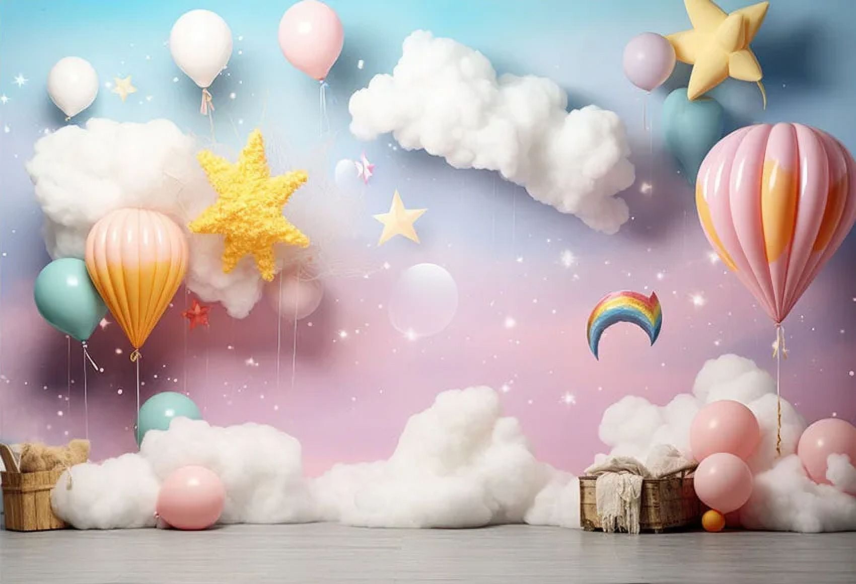 Balloon Clouds Stars Kids Birthday Party Cake Smash Portrait r Backdrop ...