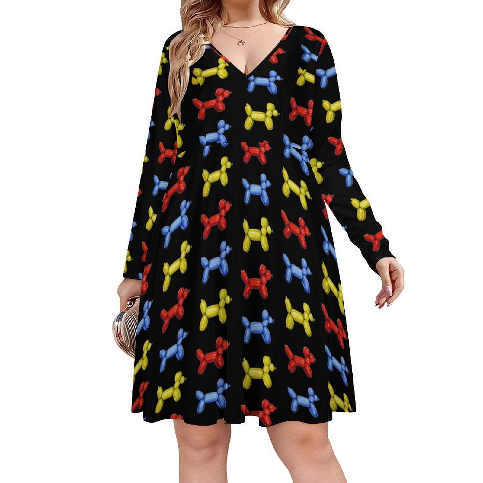 Balloon Dogs, Black Background Long Sleeve Dresses For Women Vintage ...