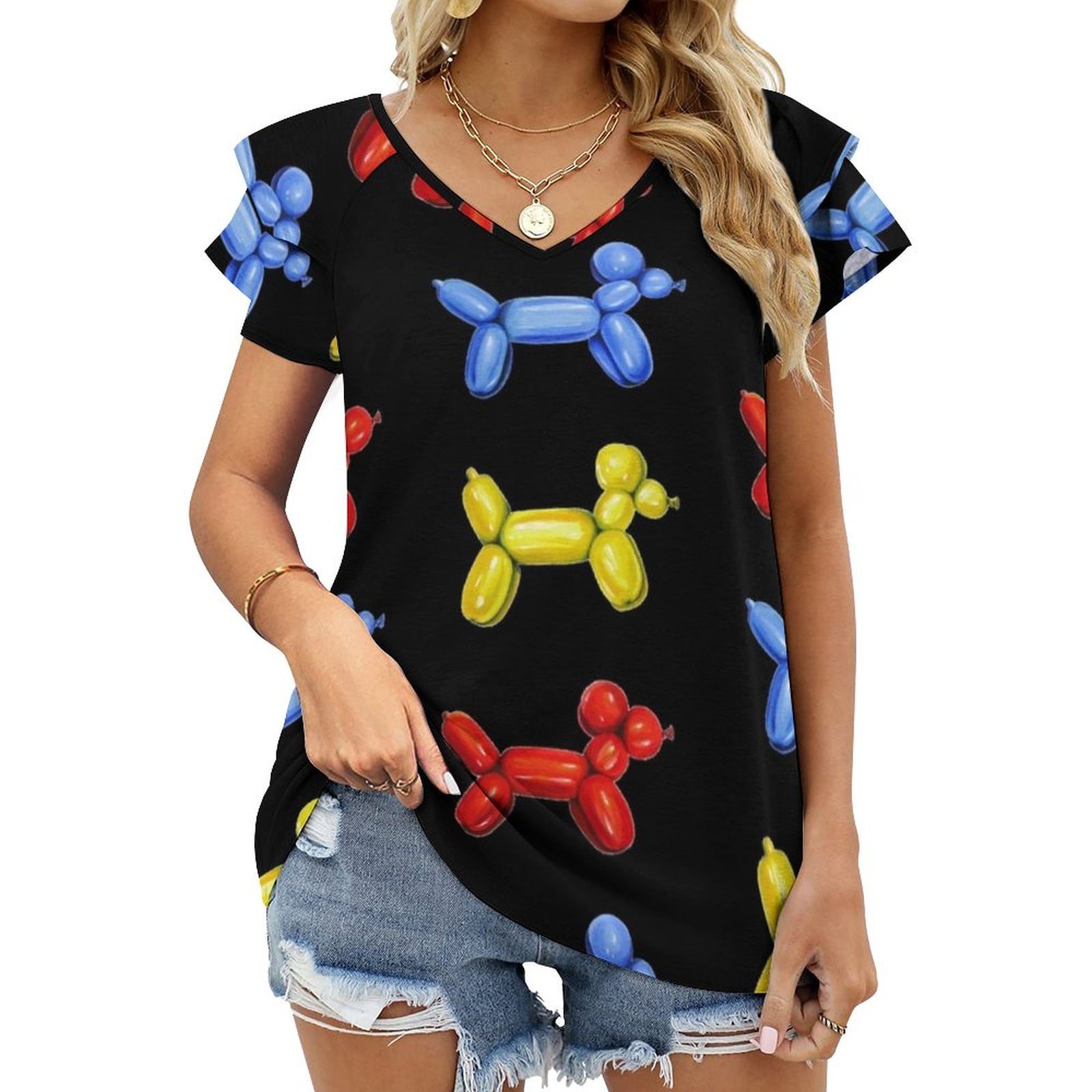 Balloon Dogs Black Background Ruffle Short Sleeve T-Shirt Women'S V ...